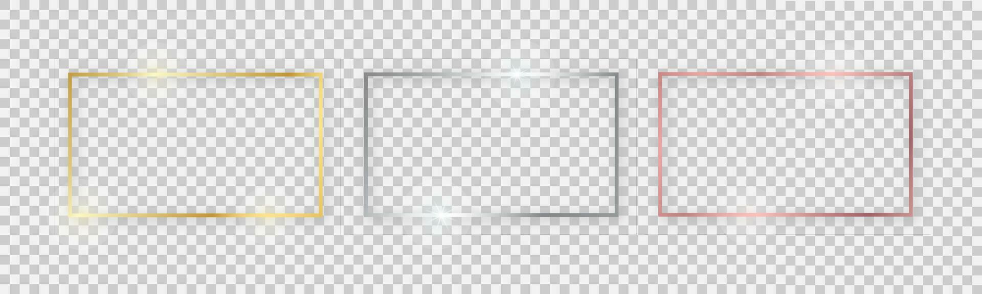 Rectangular shiny frames with glowing effects. Set of three gold, silver and rose gold ...