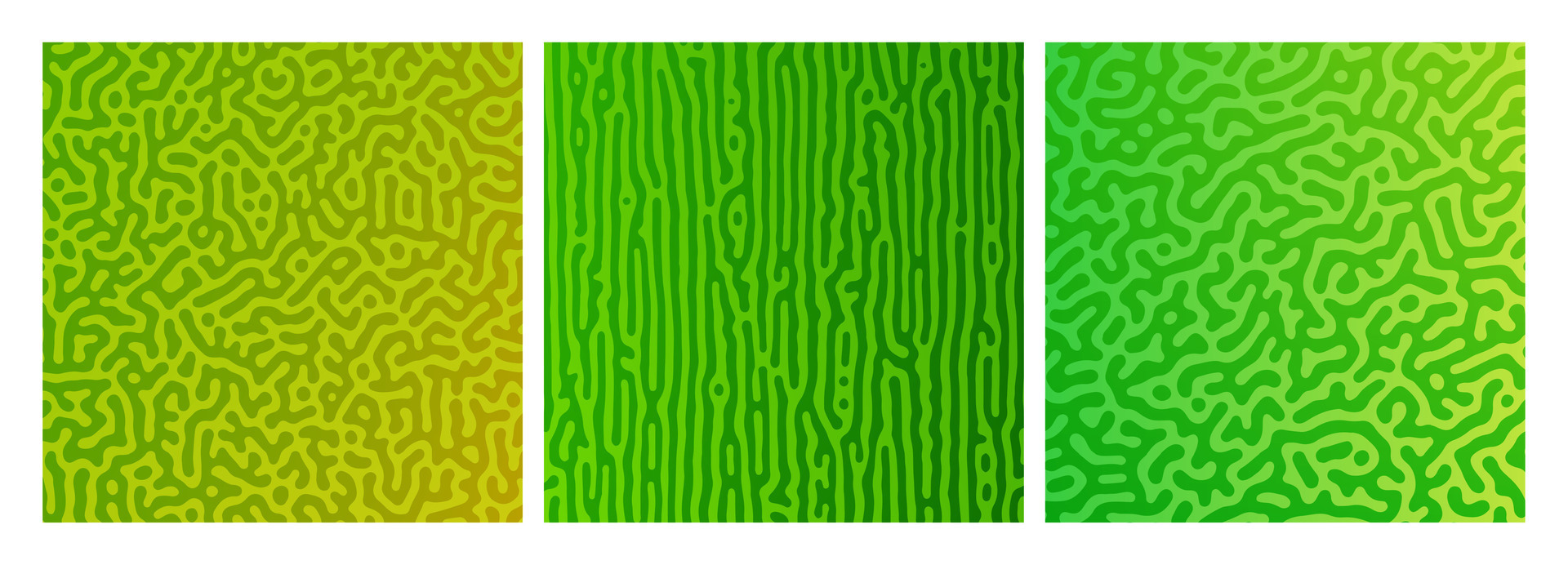 Set Of Three Green Turing Reaction Gradient Backgrounds Abstract Diffusion Pattern With Chaotic
