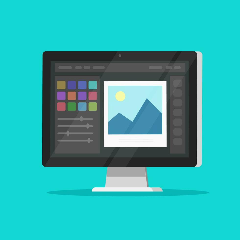Photo or graphic editor on desktop computer monitor vector icon, flat ...