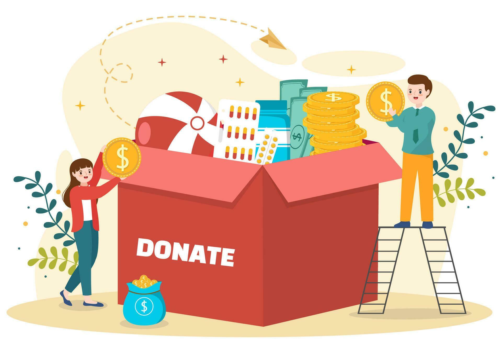 Fundraising Charity and Donation Vector Illustration with Volunteers Putting Coins or Money in ...