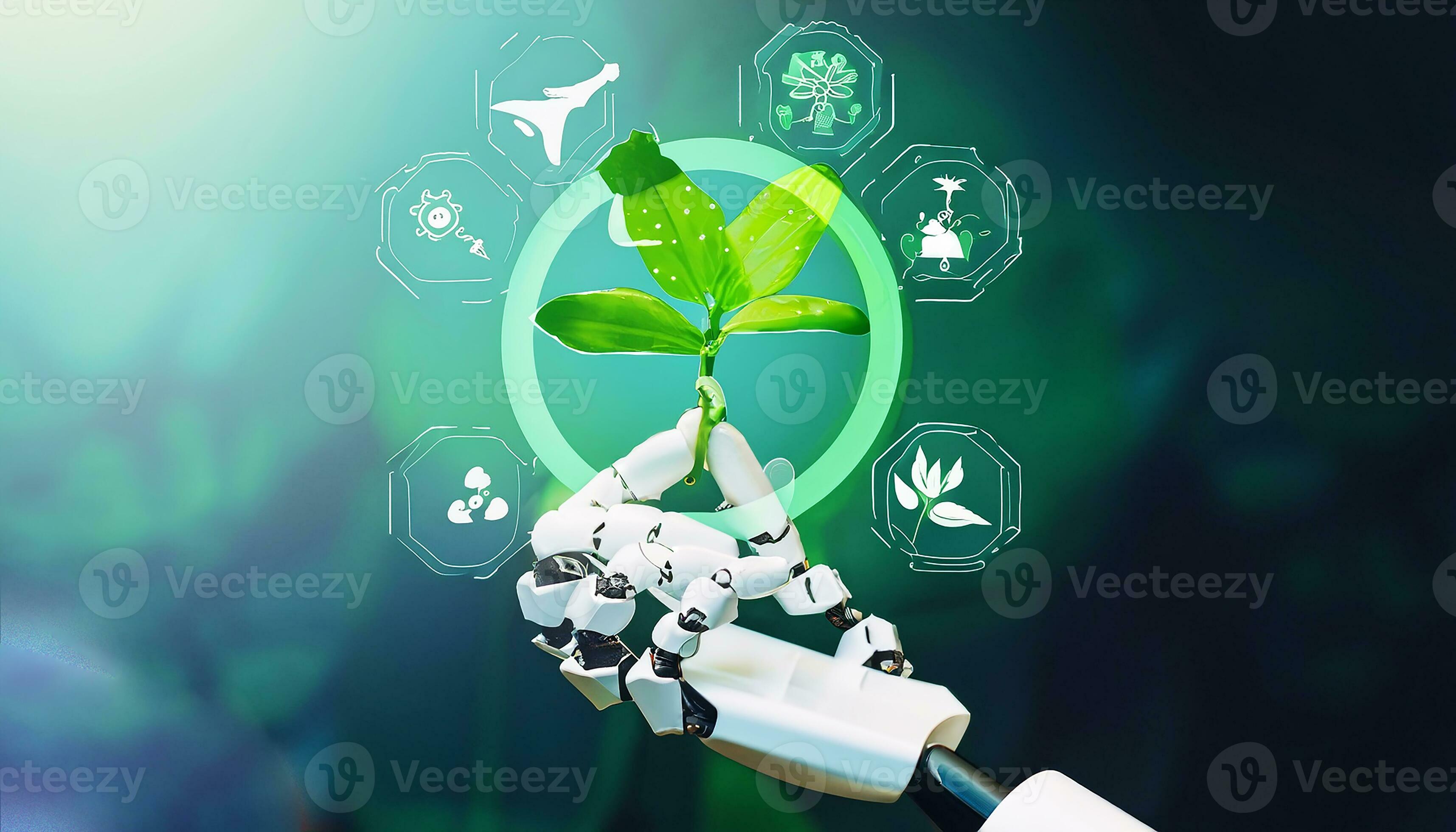 Sustainable development goal concept, Robot hand holding small plants with Environment icon ...