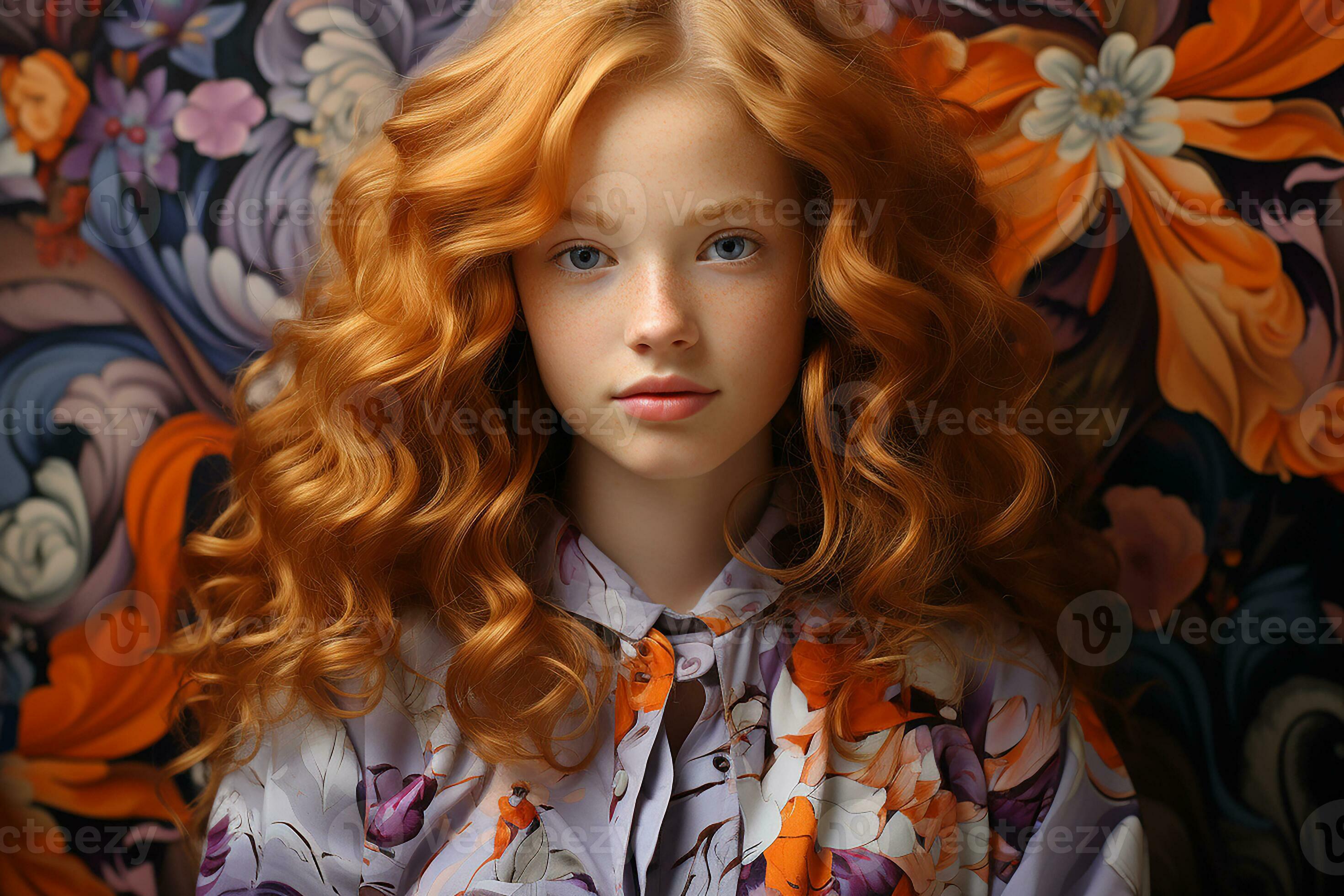 Ai generated studio portrait of cutle little curly ginger girl on ...
