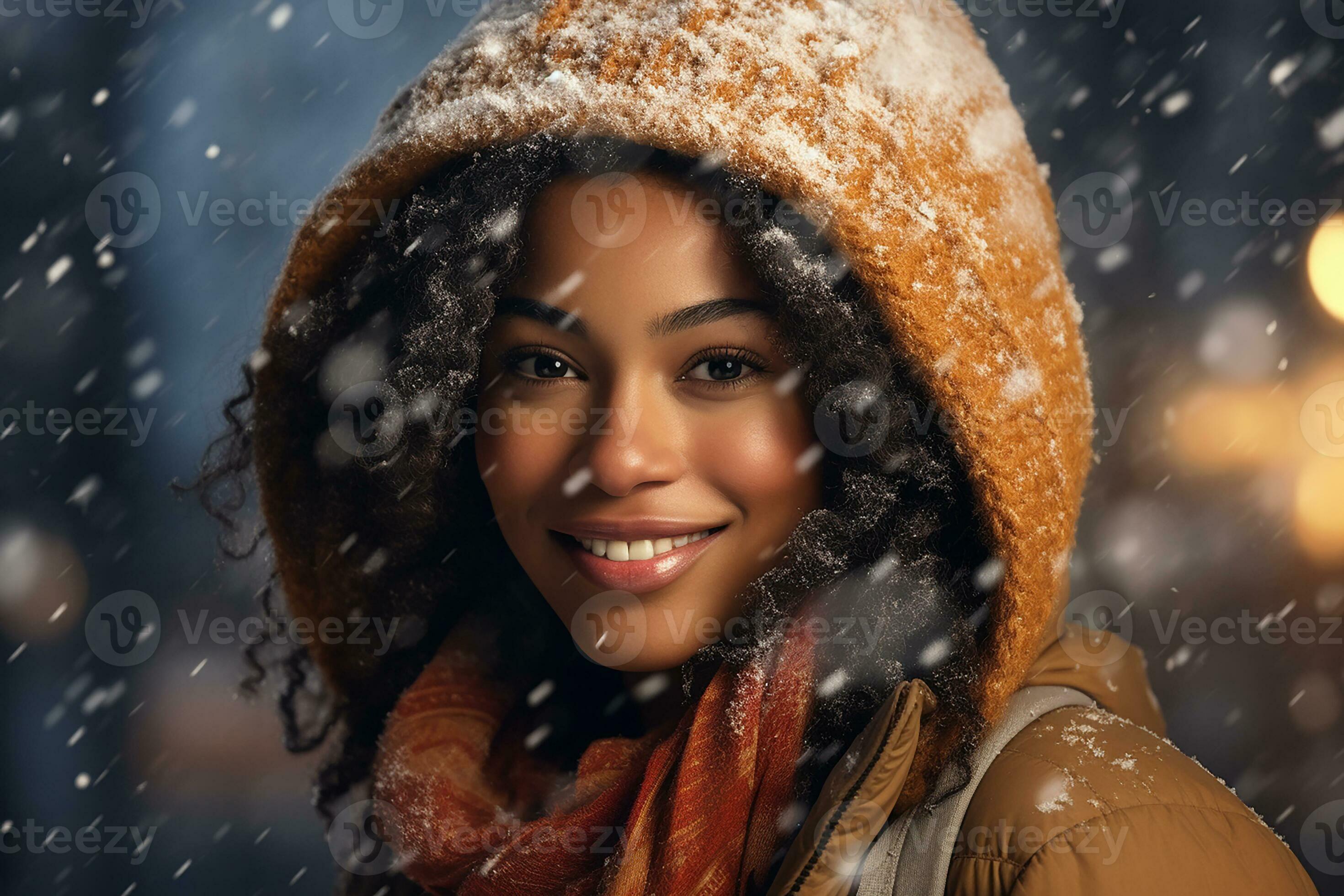Ai generated portrait of beautiful young woman standing under the snow at winter time 31719371 ...