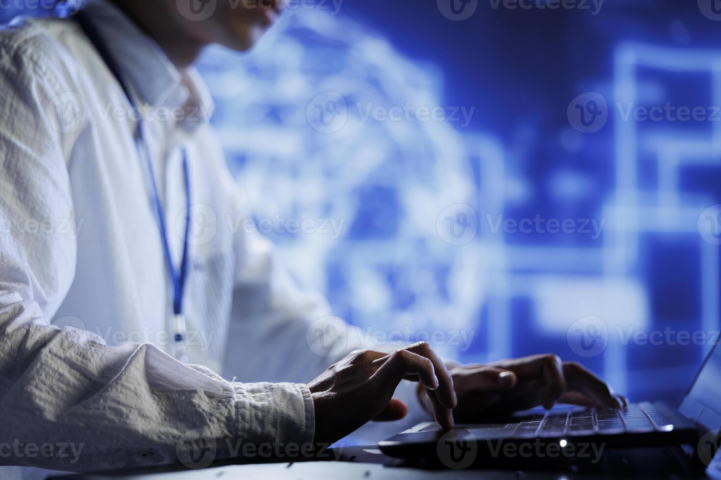 Computer operator in data center uses device for artificial intelligence computing simulating ...