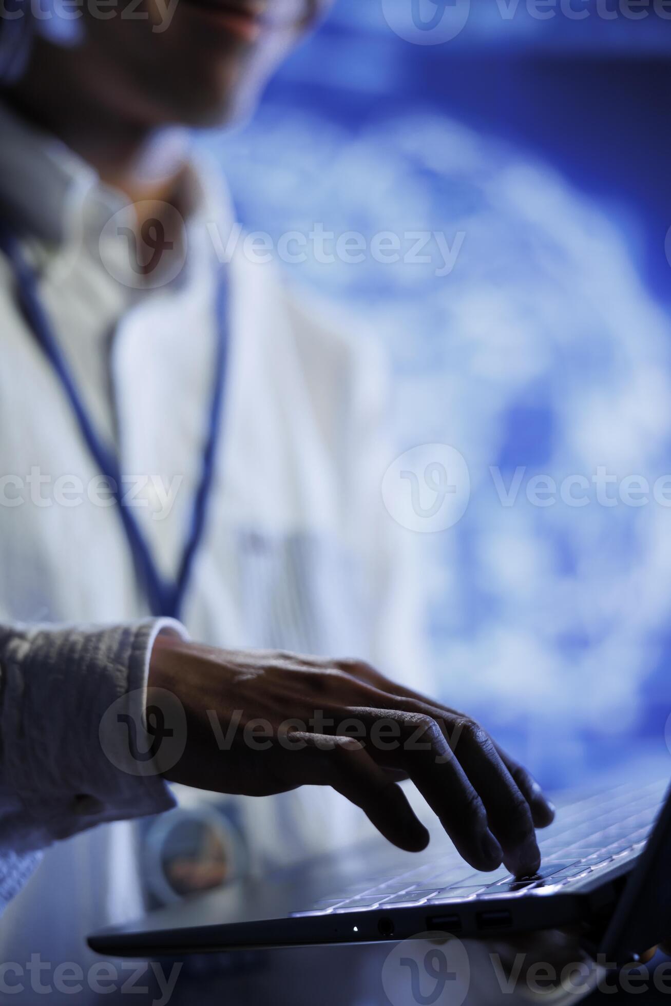 IT consultant using laptop to maintenance artificial intelligence neural networks simulating ...