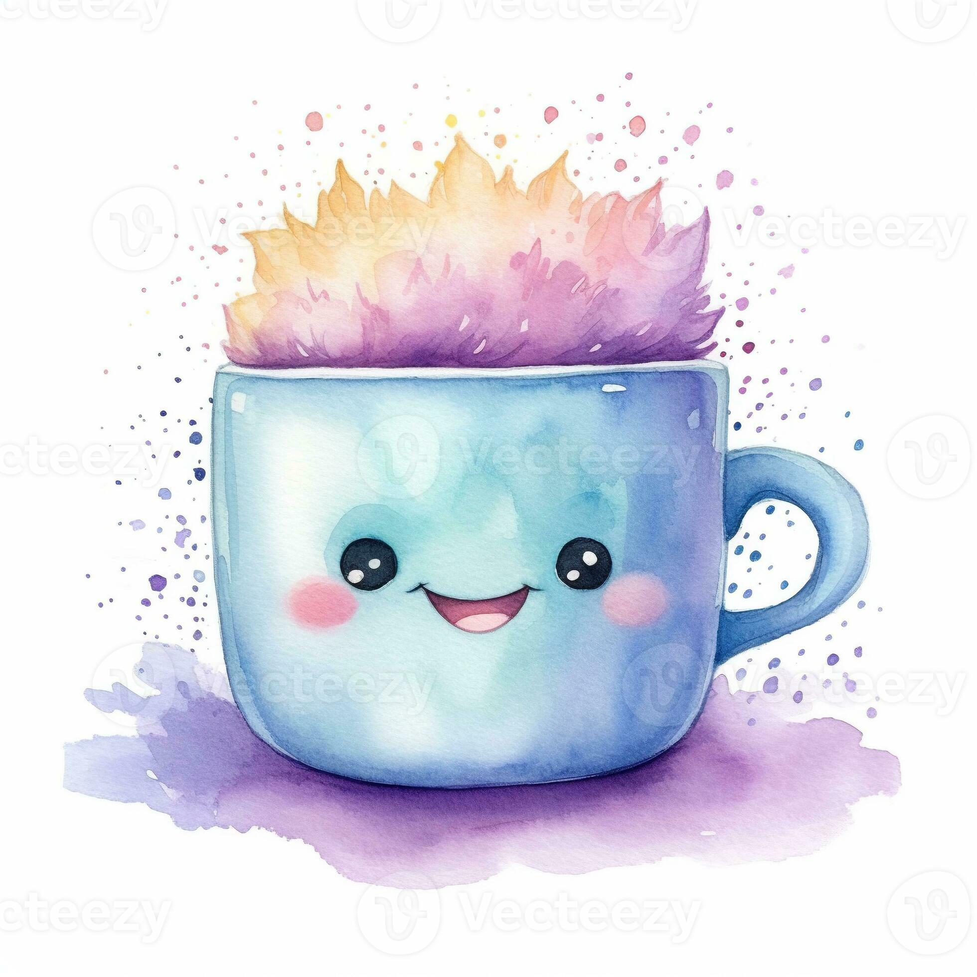 Cute watercolor illustration of a mug in kawaii style. Generative AI ...