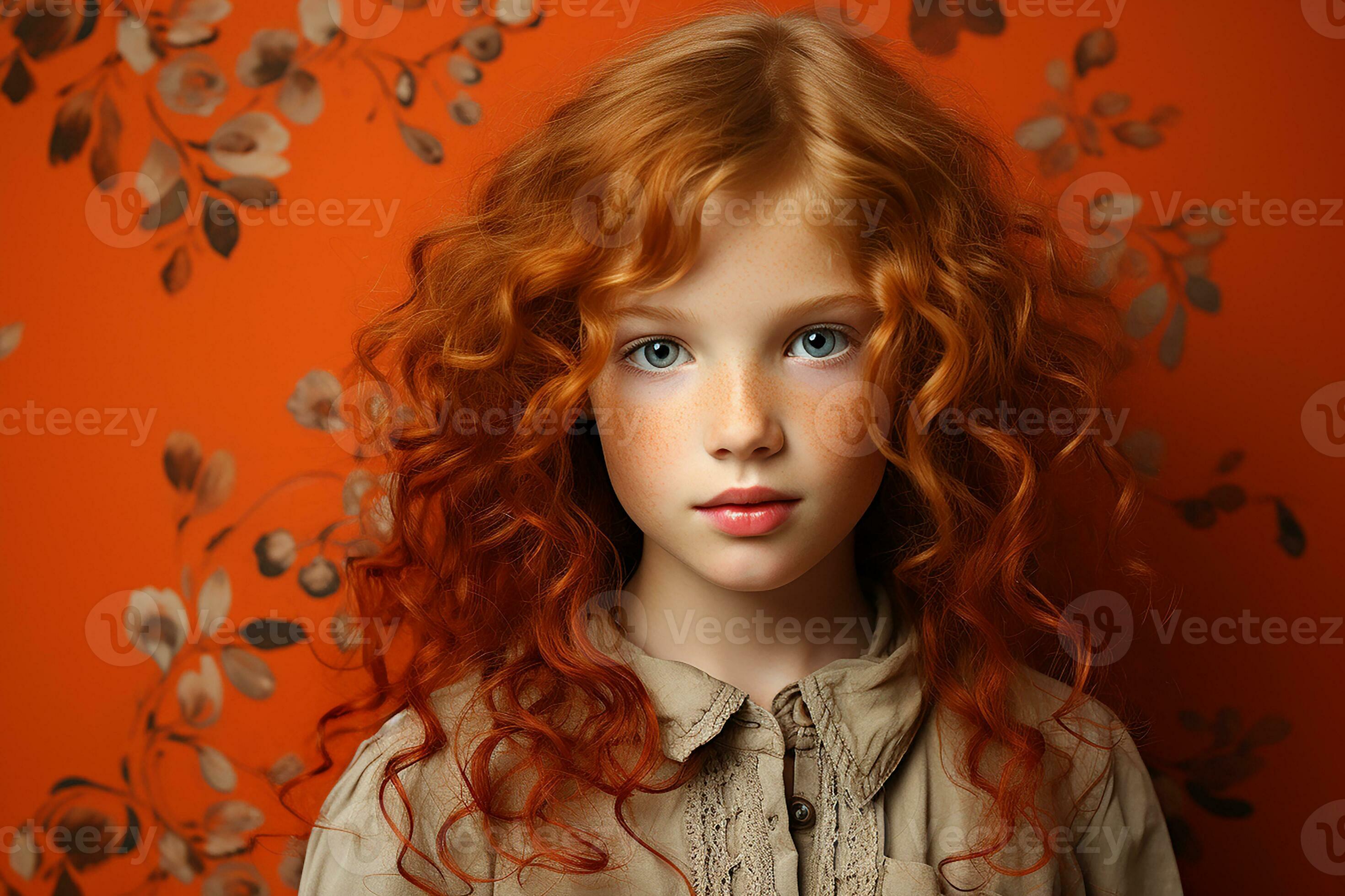 Ai generated studio portrait of cutle little curly ginger girl on ...