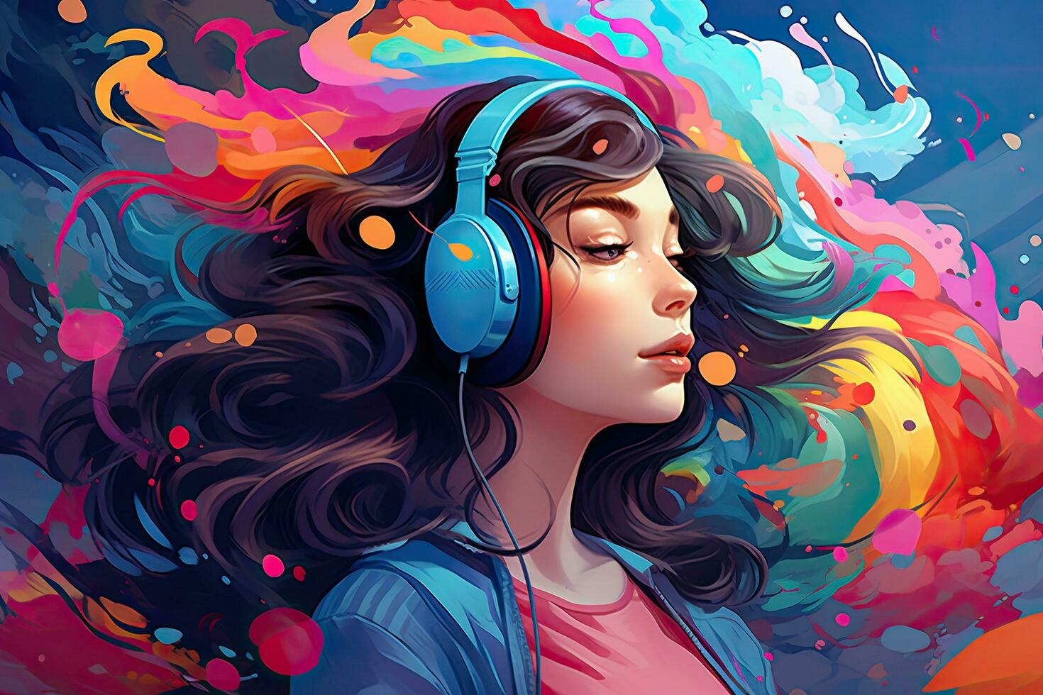 Beautiful Young Woman Listening To Music With Headphones Vector Illustration Girl With