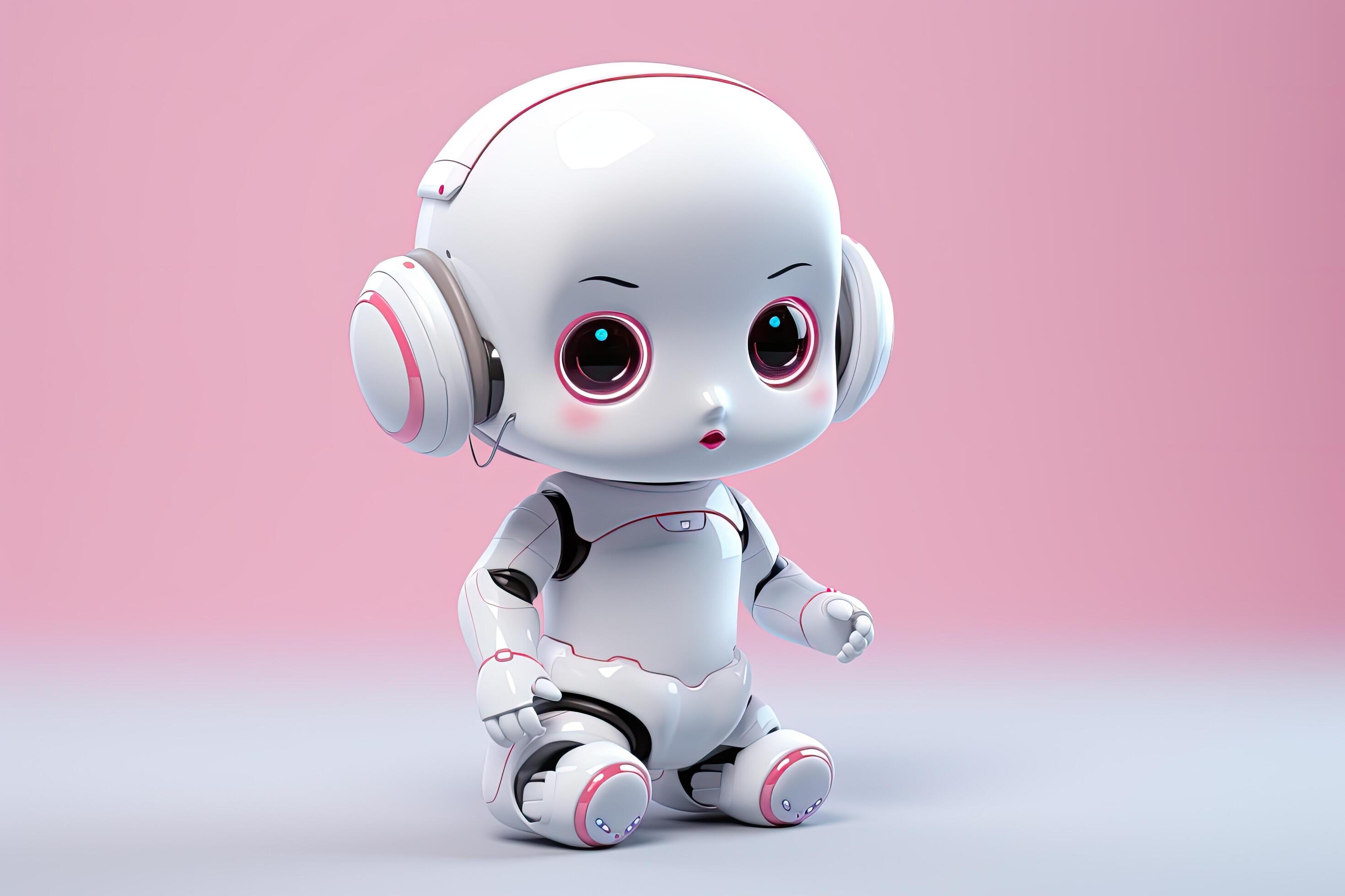 3D rendering of a cute robot with headphones sitting on a pink background, cute white System ...