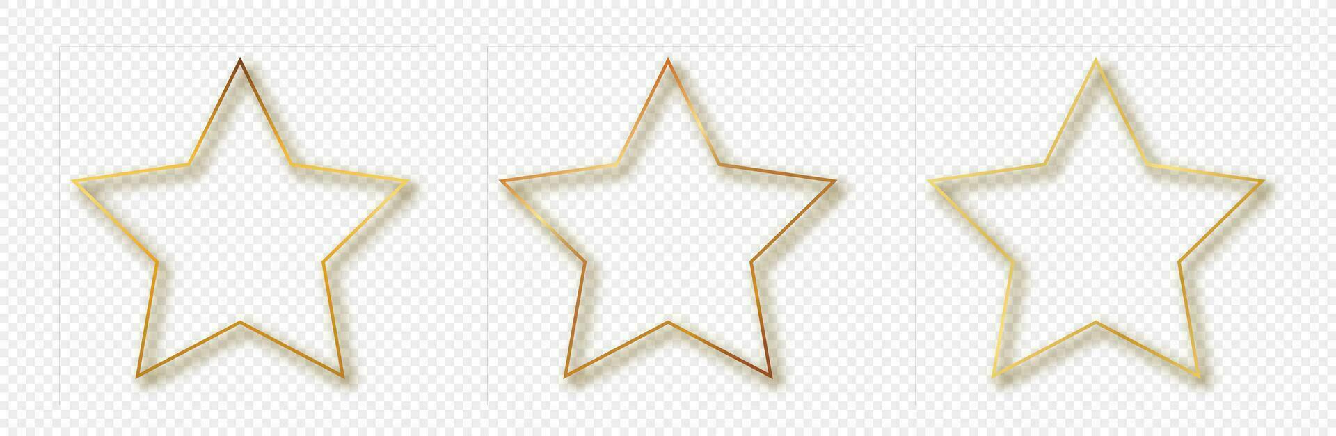 Set of three gold glowing star shape frames isolated on background. Shiny frame with glowing ...