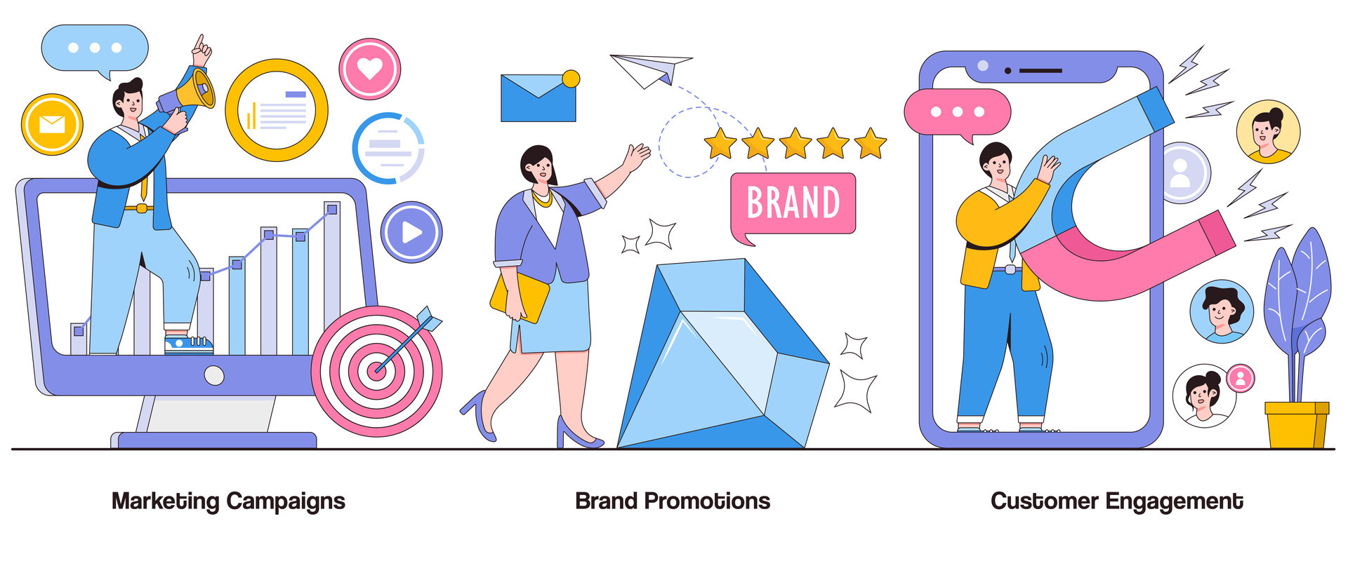 Marketing campaigns, brand promotions, customer engagement concept with ... Marketing campaigns, brand promotions, customer engagement concept with ...