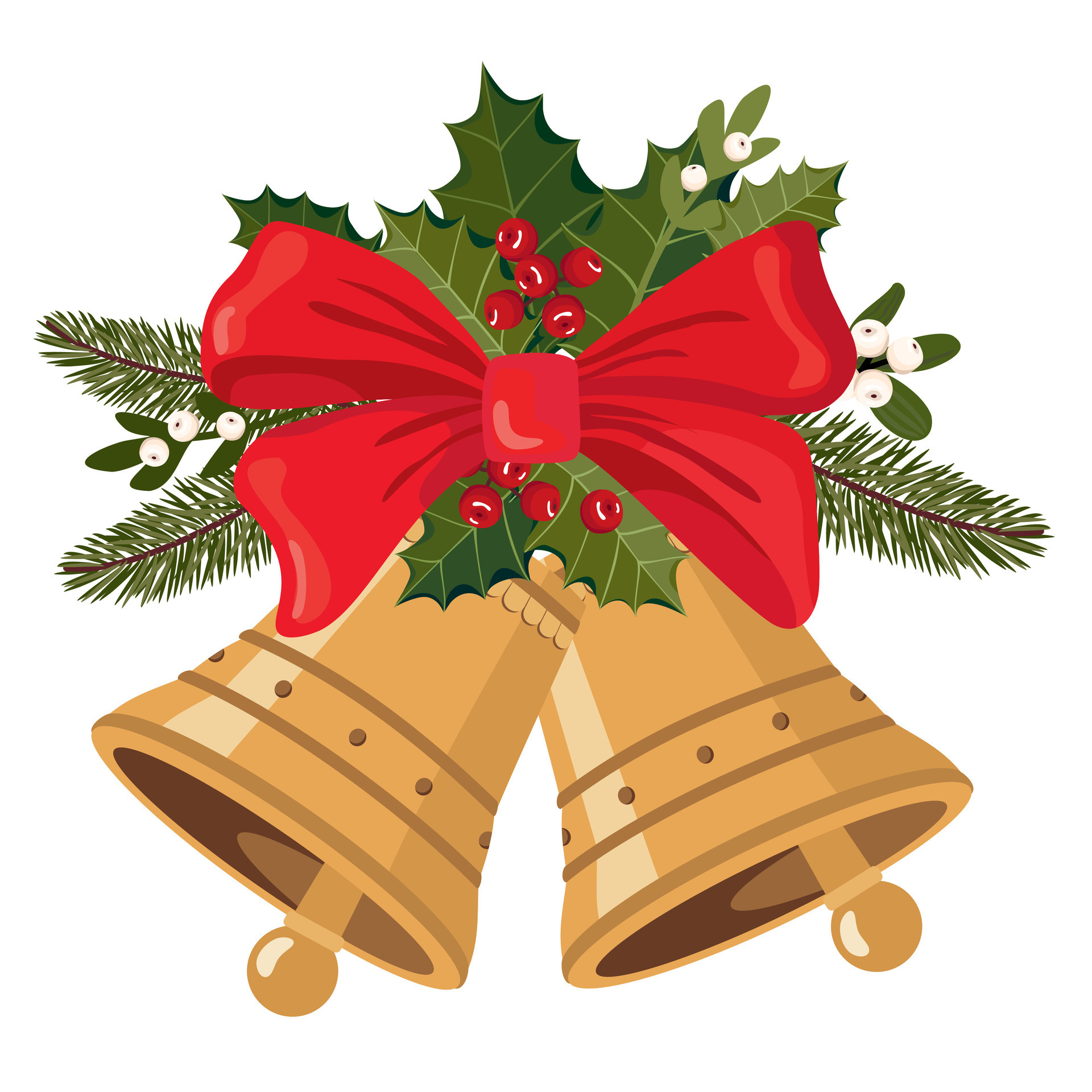 Christmas golden bells with a red bow and a bunch of mistletoe, holly ...