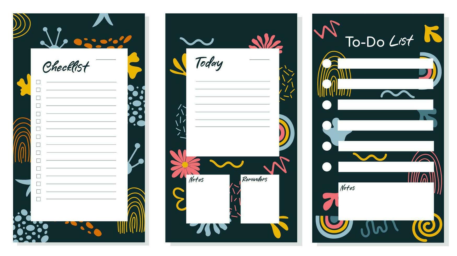 Three planner pages with hand drawn abstract elements. Vector to-do ...