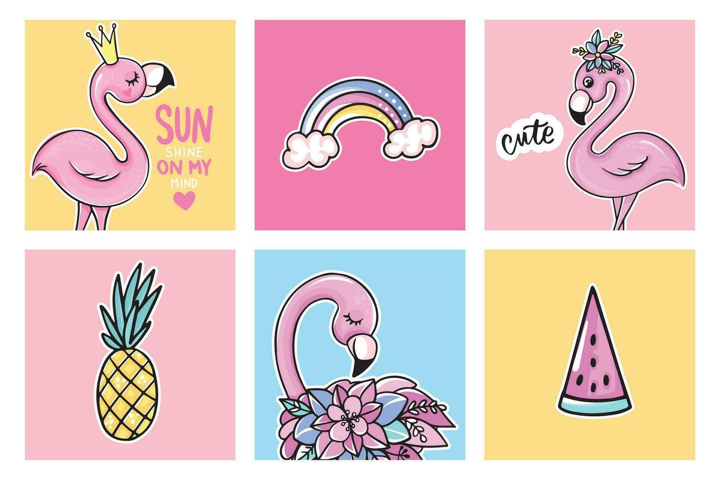 Flamingo summer posters set, rainbow, watermelon, pineapple vector ...