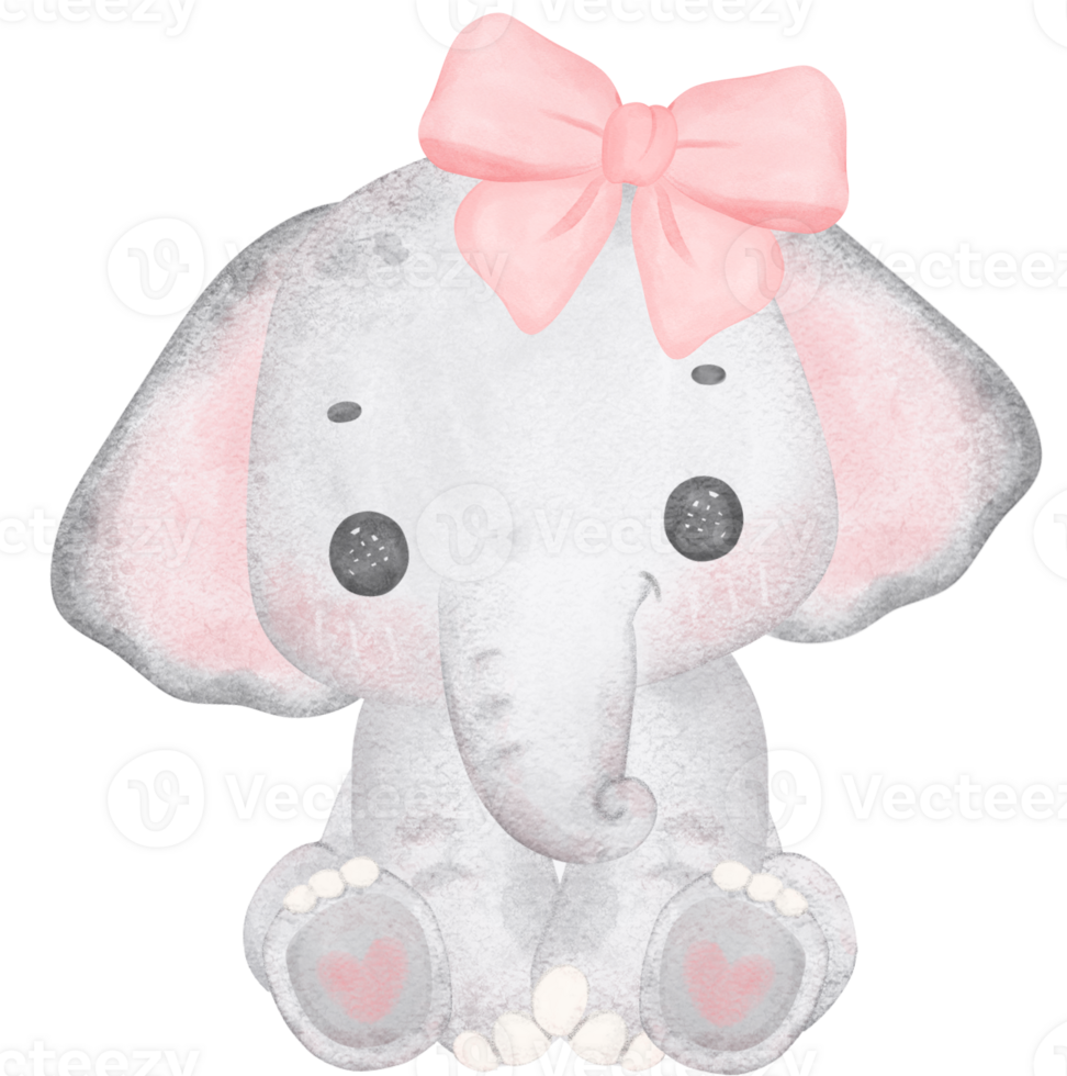 Cute Baby Elephant with Pink Bow Watercolor Nursery Art 31762570 PNG