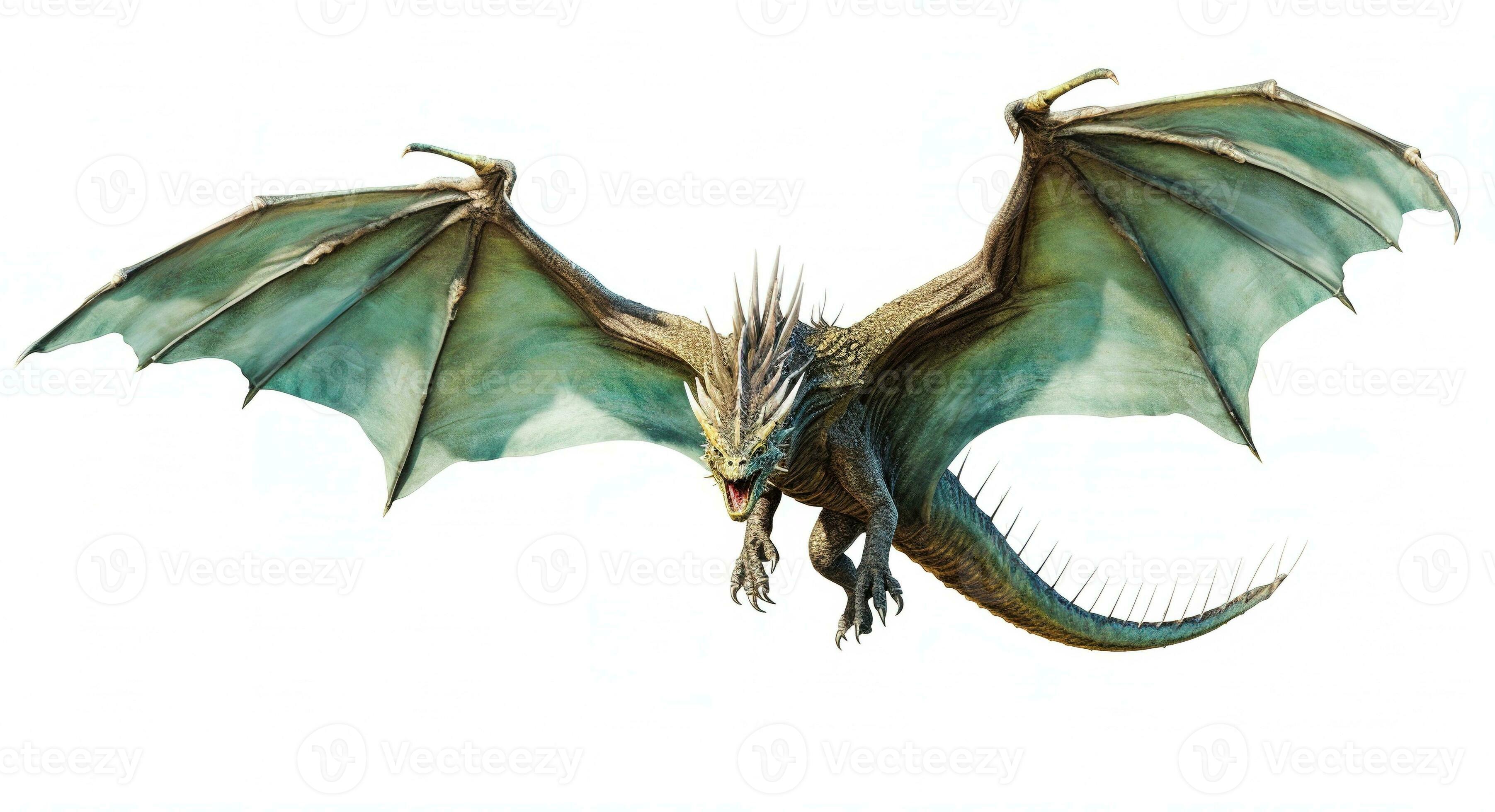 Fantasy Dragon. Ferocious monster. Vicious dragon flying in the white background. Digital ...