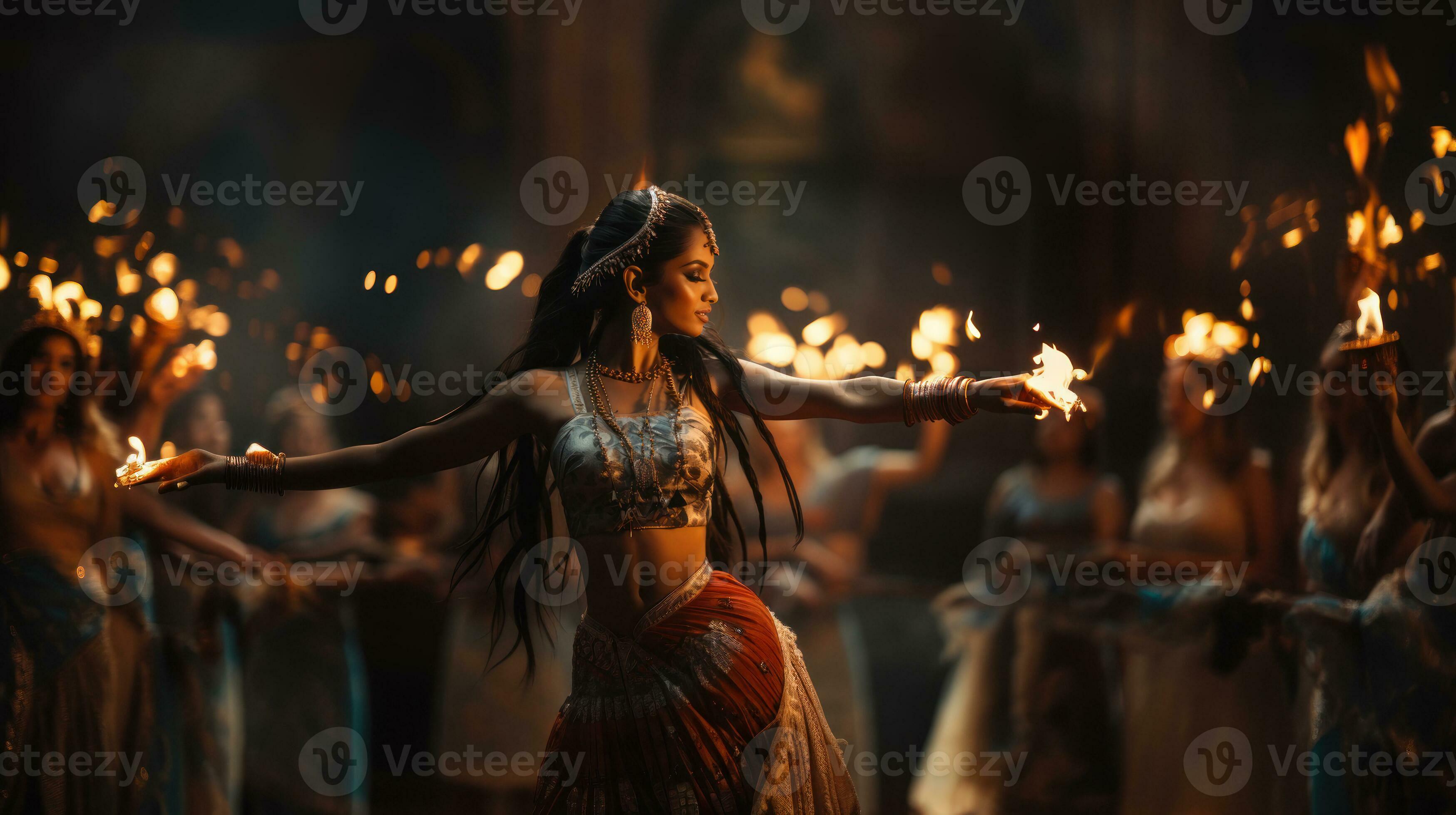 Beautiful Young Indian Woman In Traditional Costume With Burning Torches In Her Hand 31769775