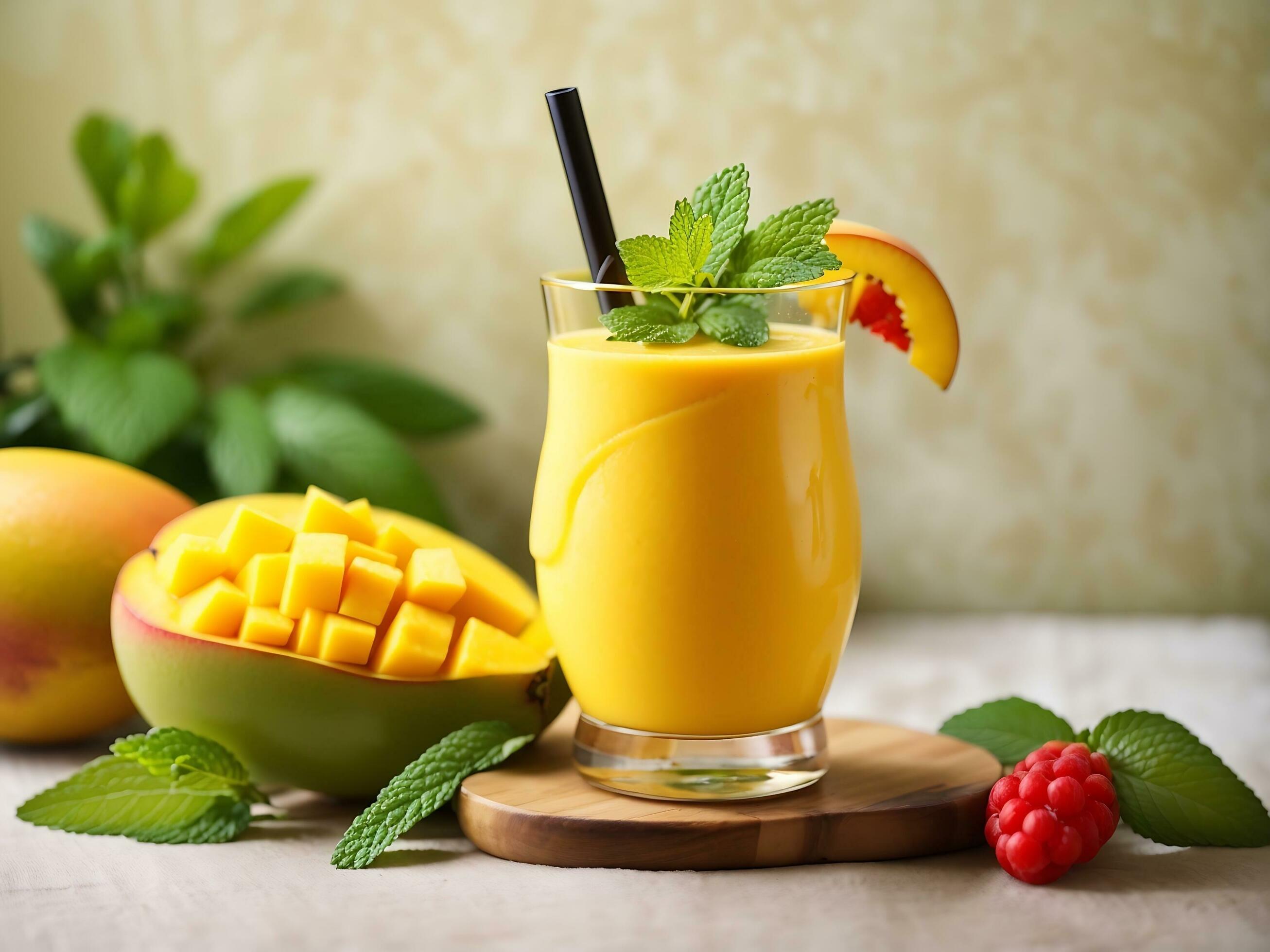 Fresh yellow mango smoothie in a glass with straw fresh fruits and mint summer tropical drink ...