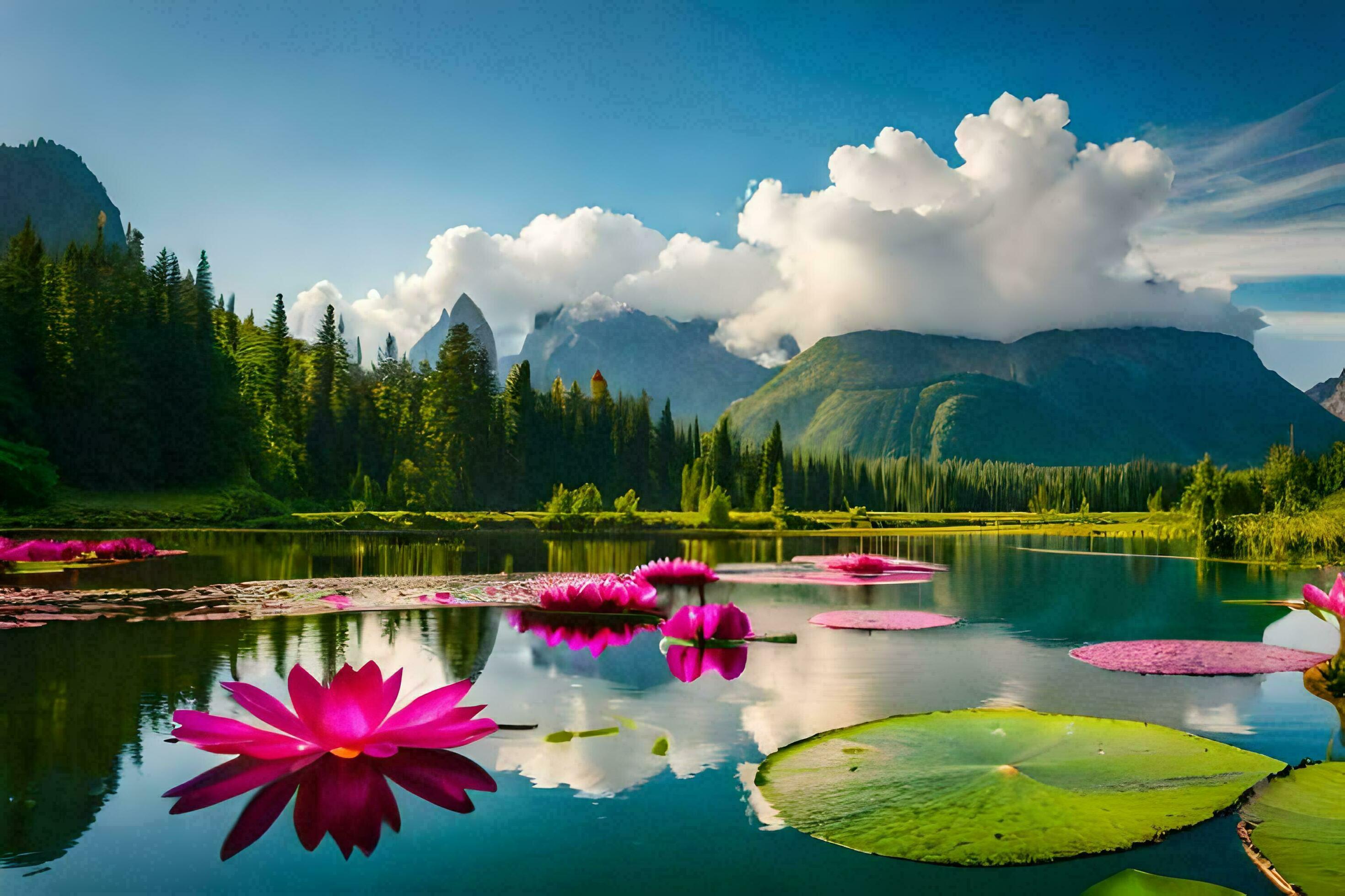 the beautiful landscape of the lake with pink lotus flowers and ...