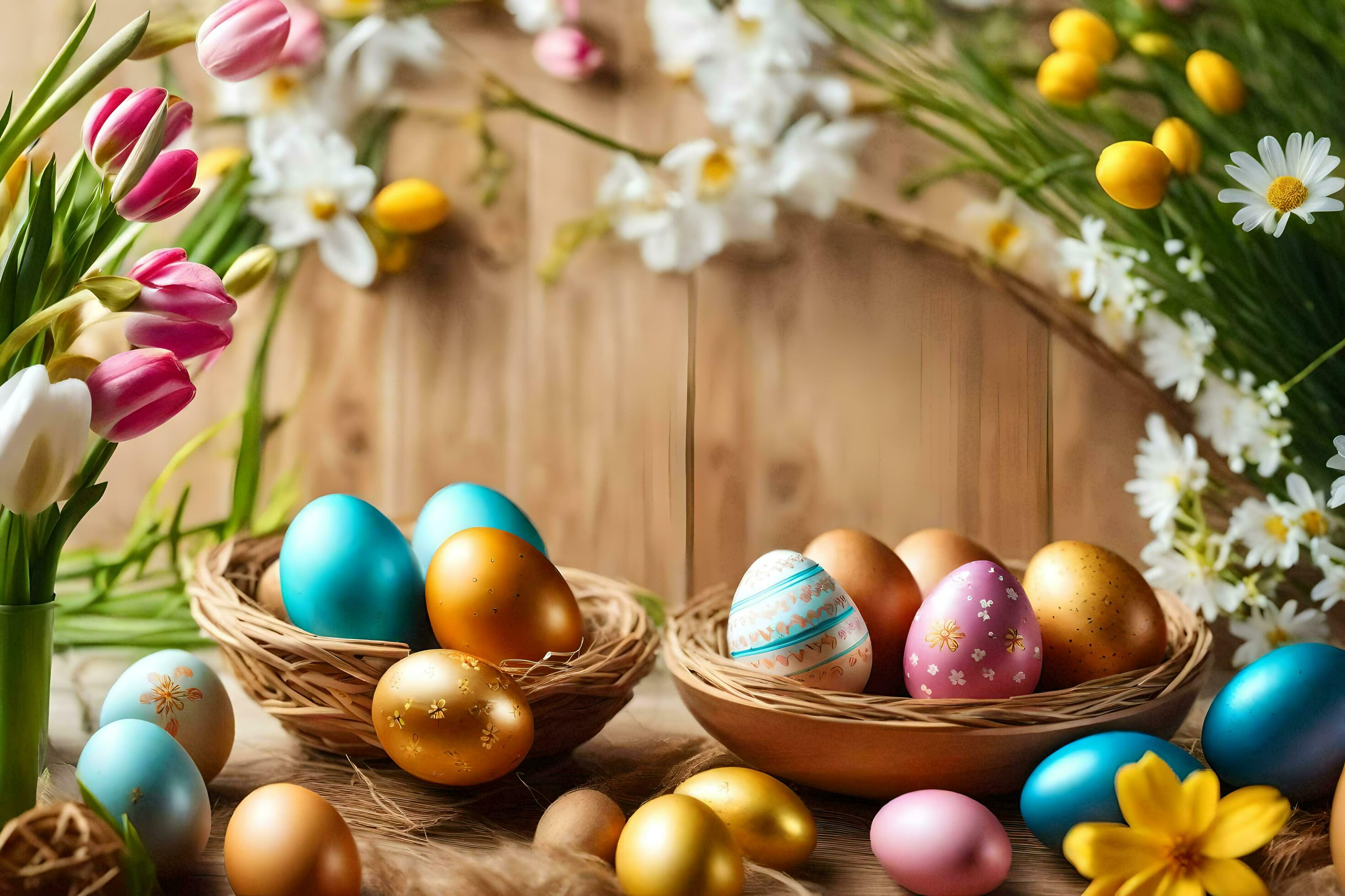 easter eggs in baskets with flowers on a wooden table. AI-Generated 31875865 Stock Photo at Vecteezy