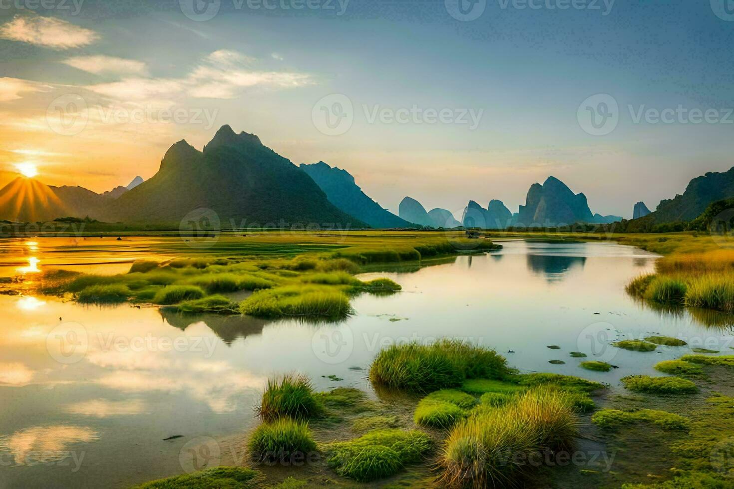 the li river, yangshuo, china, mountains, sunrise, landscape, nature. AI-Generated 31948599 ...
