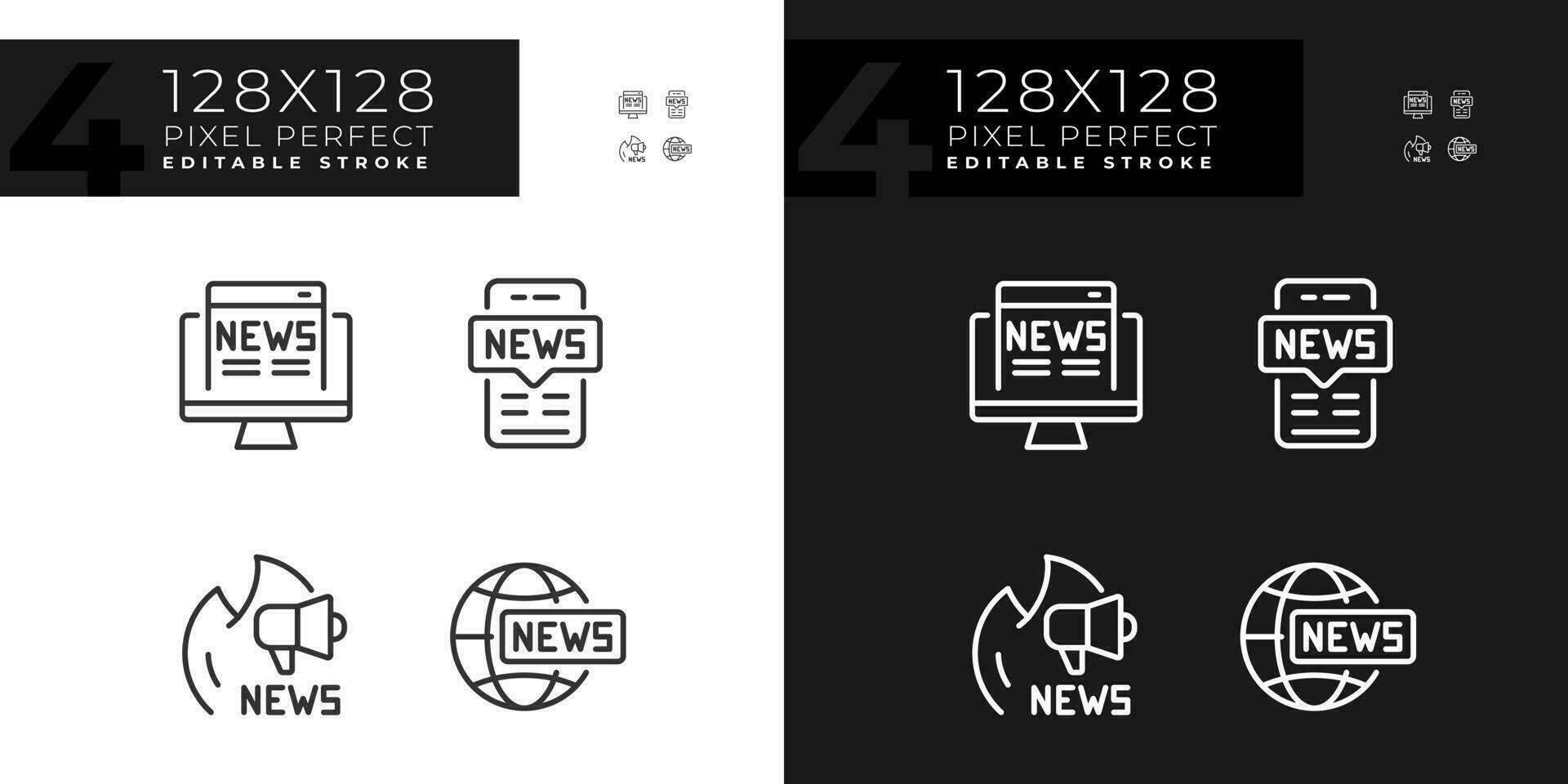 2D pixel perfect customizable dark and light icons collection representing journalism, isolated ...