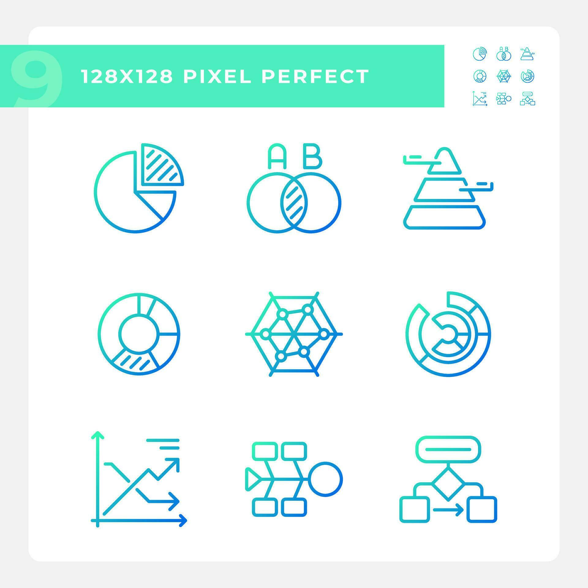 Chart and diagram gradient linear vector icons set. Data display. Business statistics. Project ...