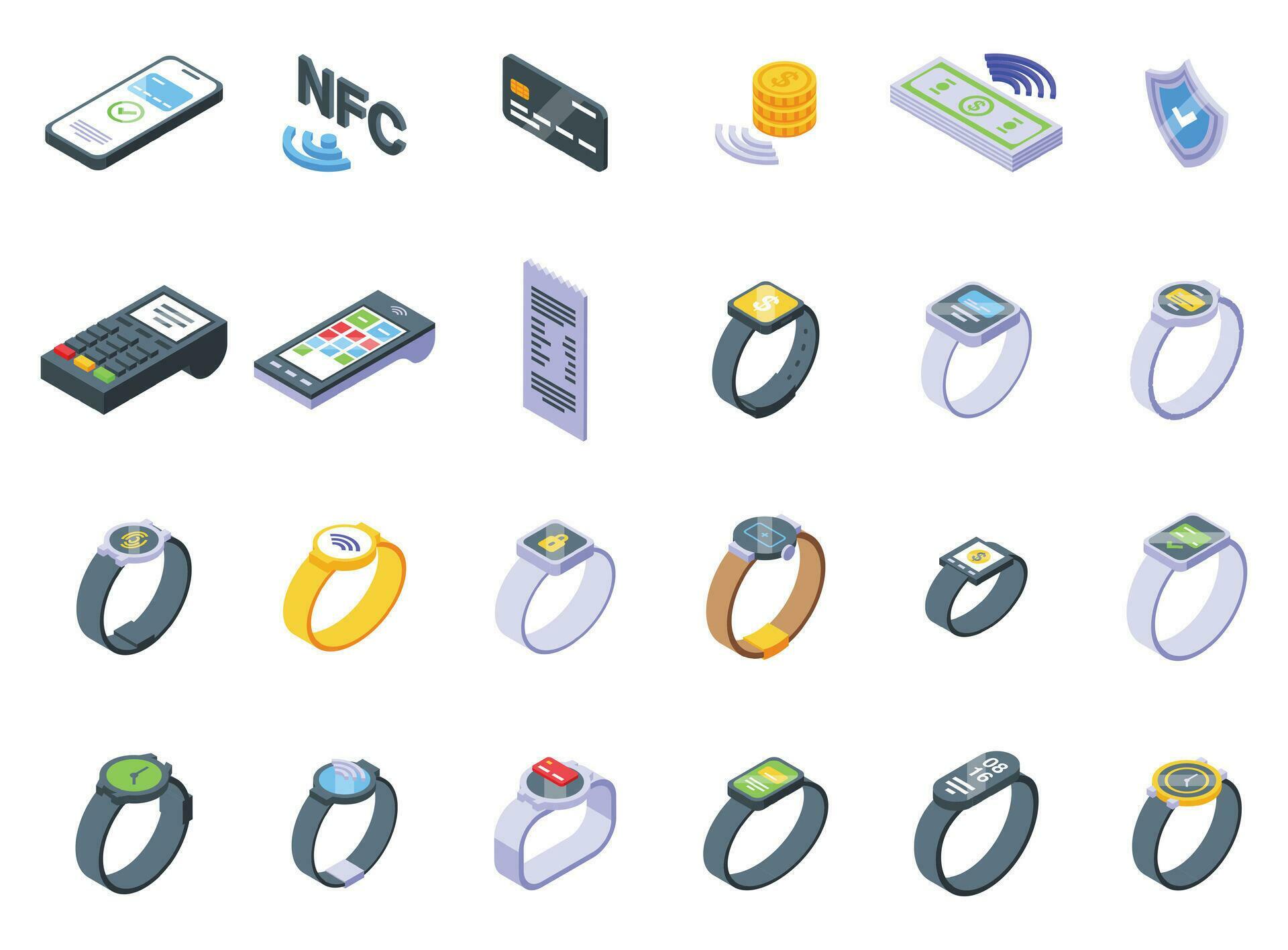 Payment with smart watches icons set isometric vector. Nfc reader 32035375 Vector Art at Vecteezy