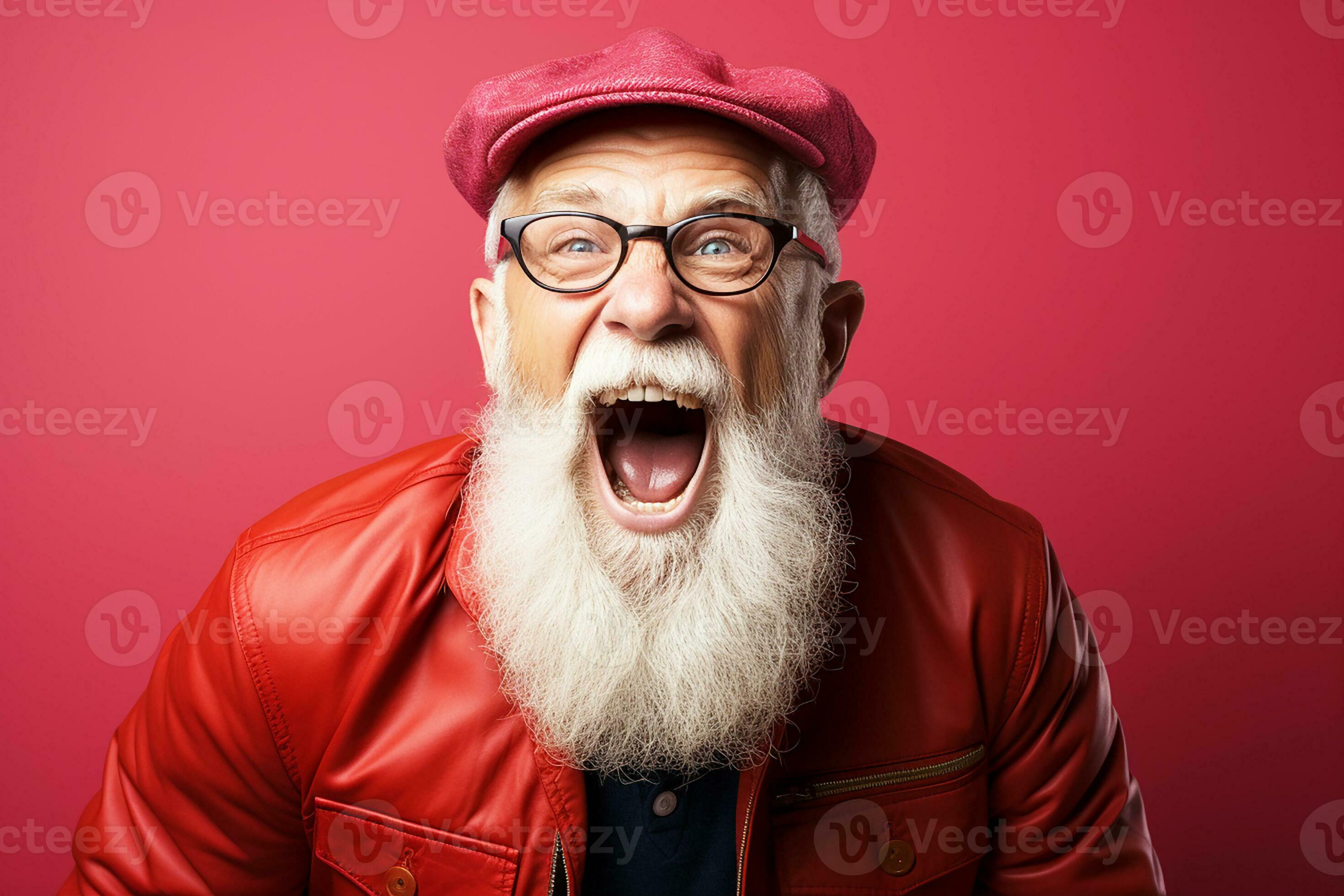 Brightly dressed stylish elderly man on red background. Generative AI ...