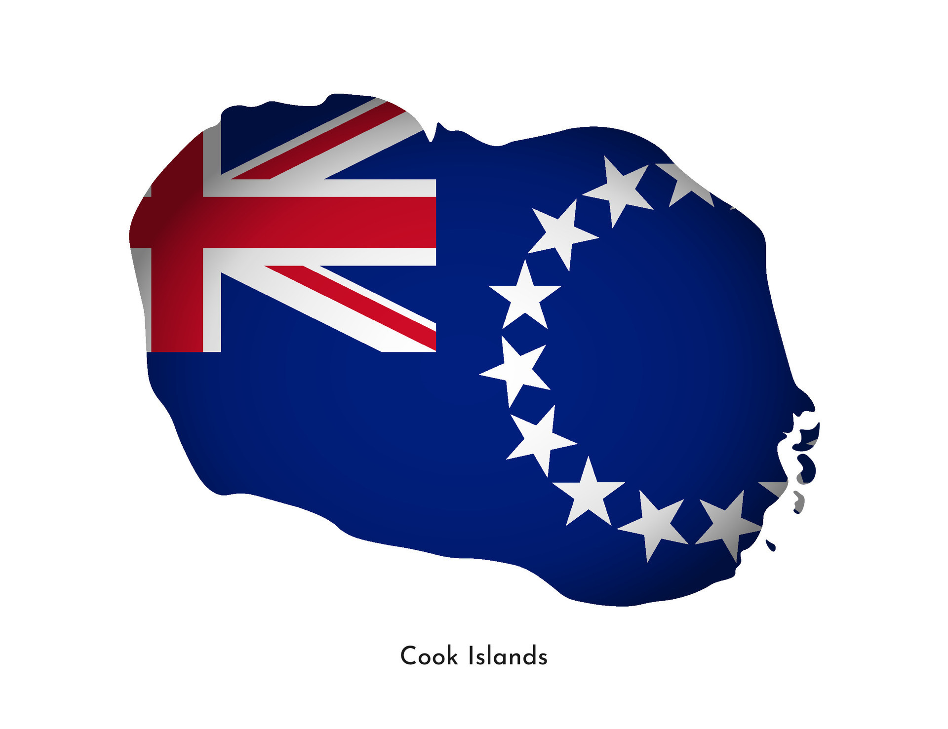 Vector illustration with Cook Islands national flag with shape of this map simplified. Volume ...