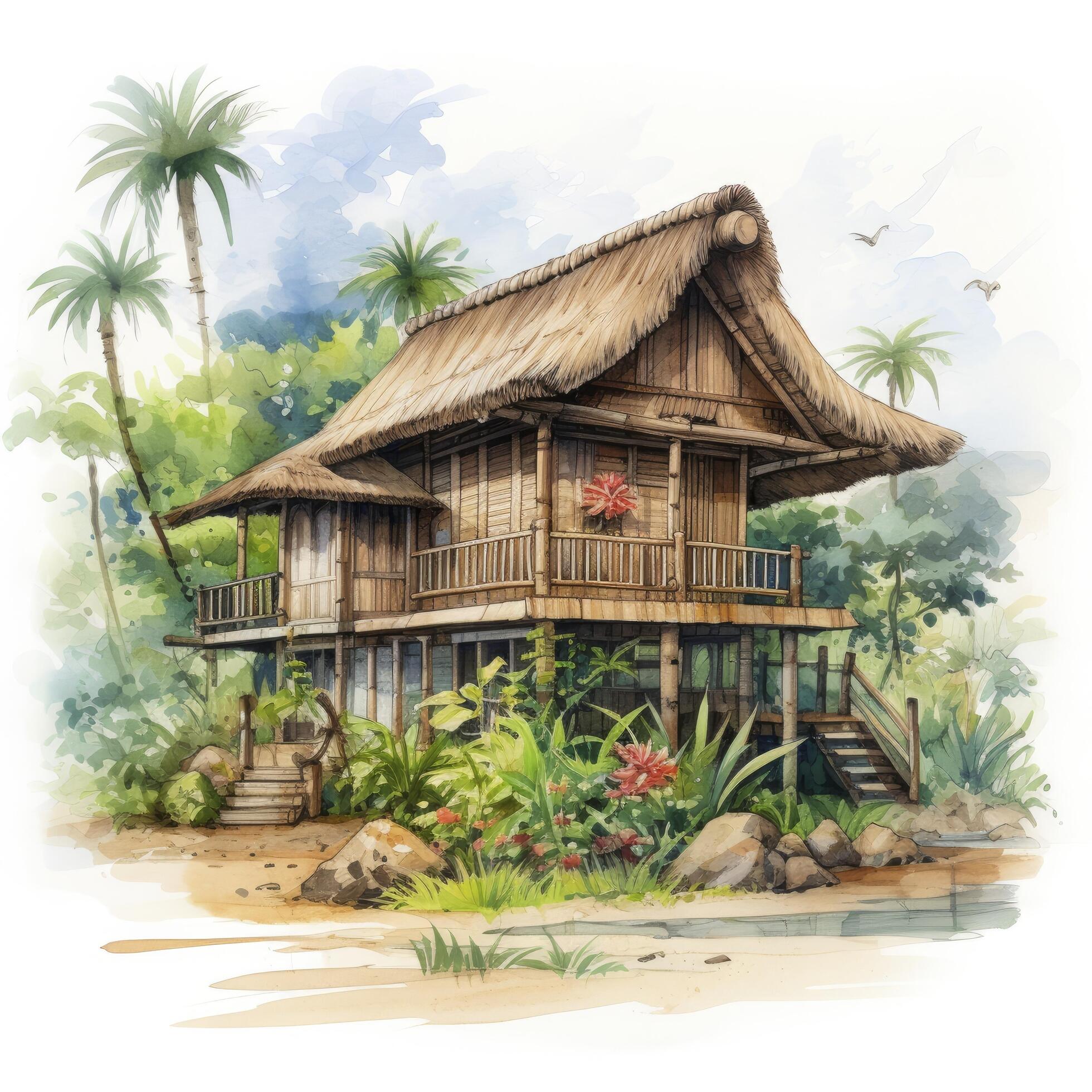 A watercolored bright serene image of a traditional bahay kubo. AI Generated 32050620 Stock ...
