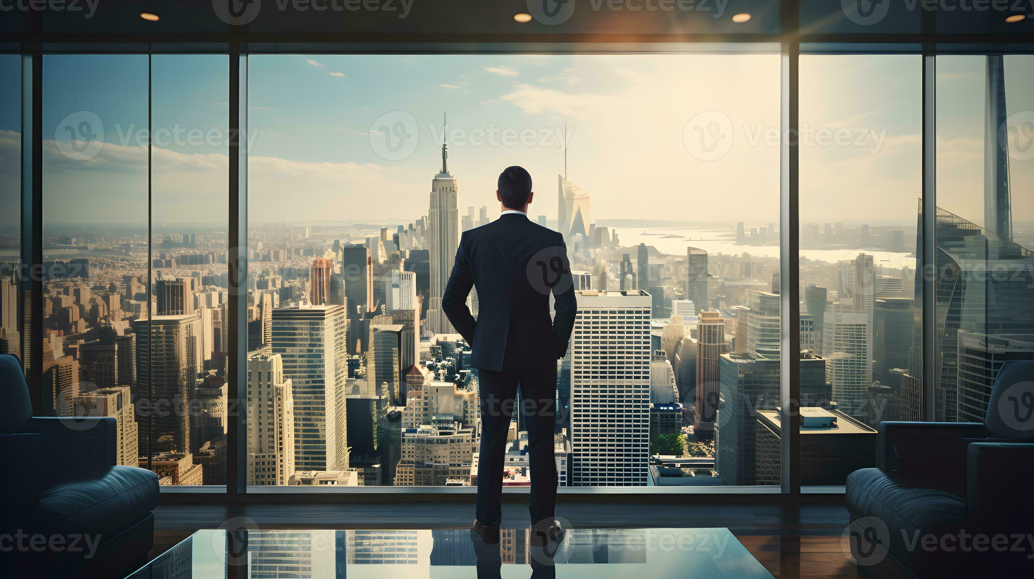 Full length back view of successful businessman in suit standing in ...