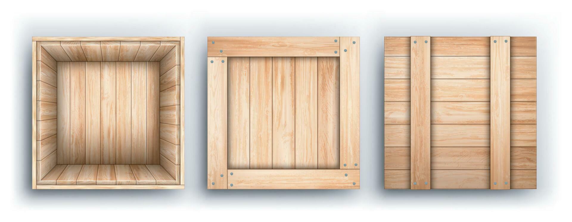 Realistic Detailed 3d Wooden Box Open and Closed View Set. Vector ...