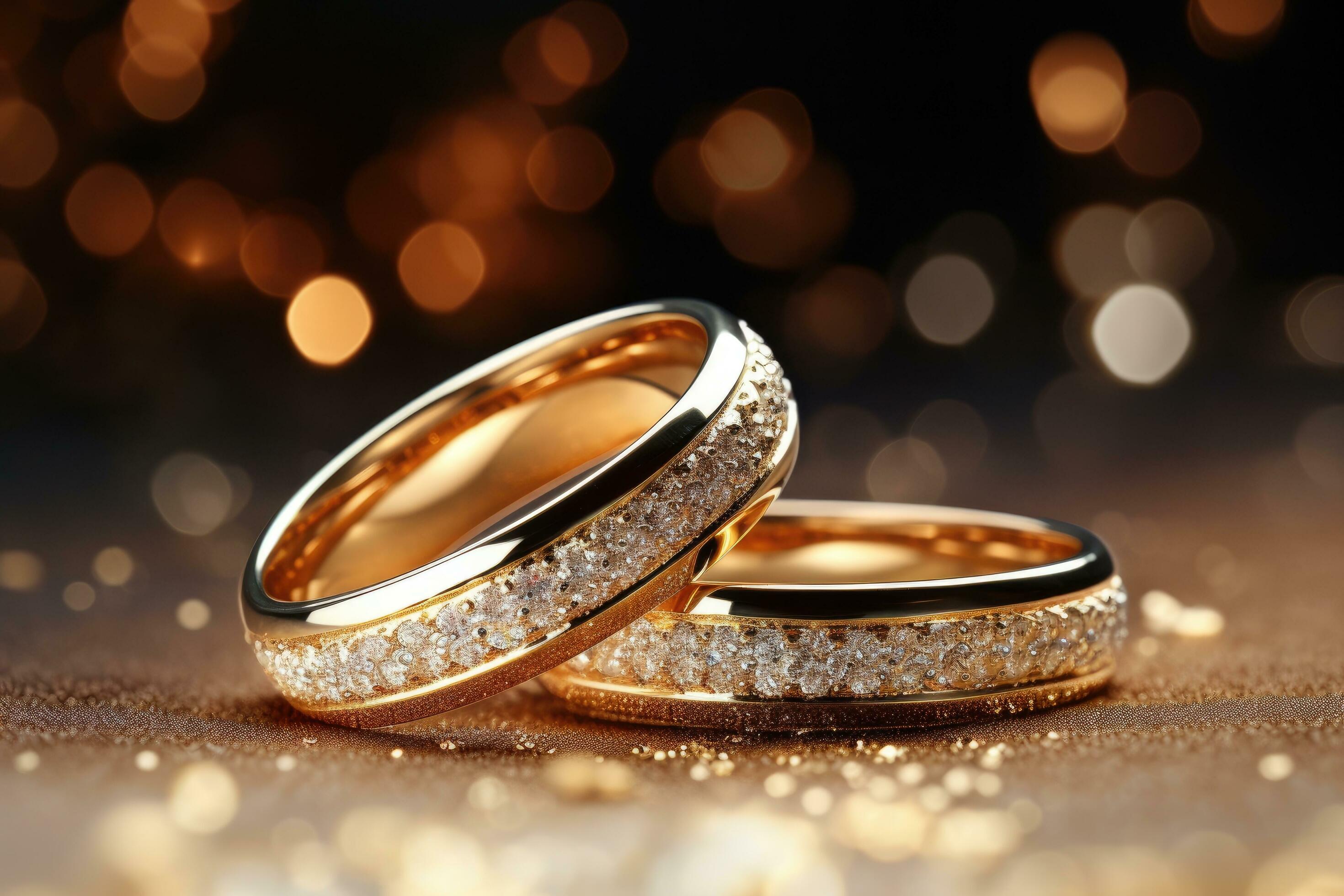 Two gold wedding rings on bokeh background, close-up, Designer wedding rings on a sparkling ...