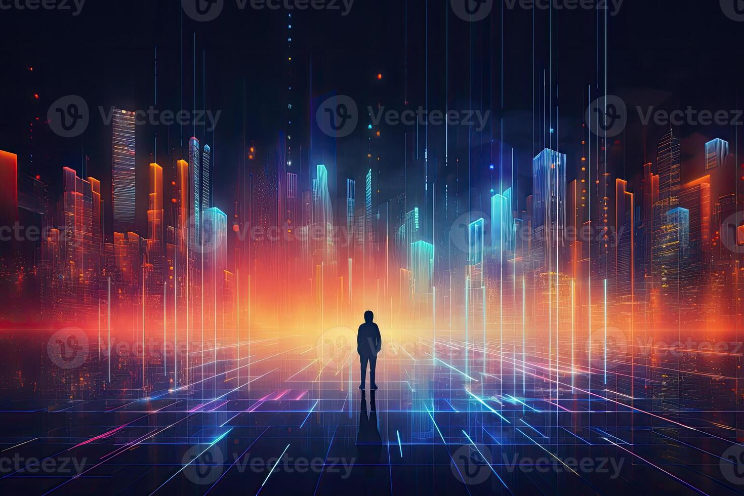 Silhouette of a man standing in front of a futuristic background. 3D ...