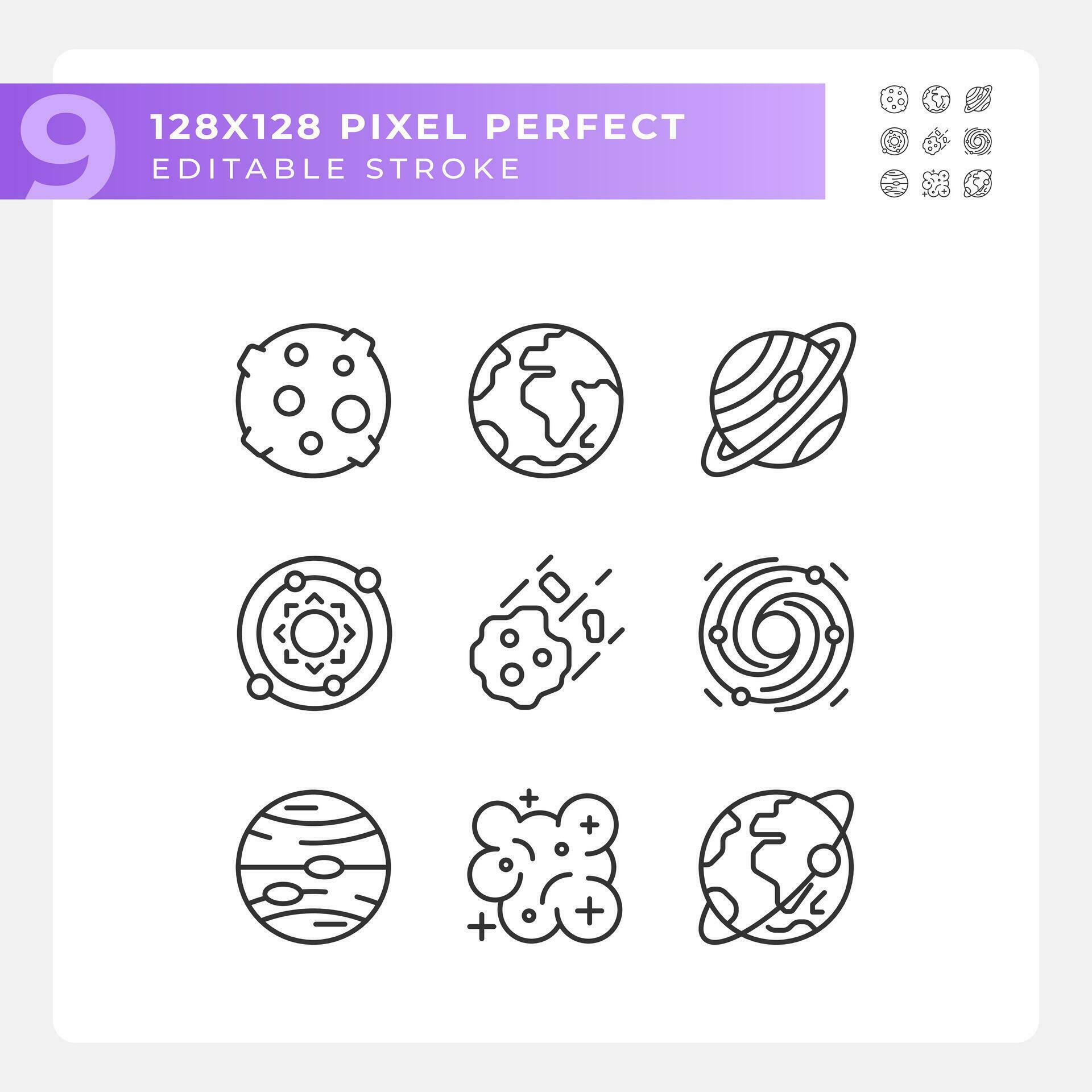 Celestial bodies pixel perfect linear icons set. Outer space. Planetary science. Astrology ...