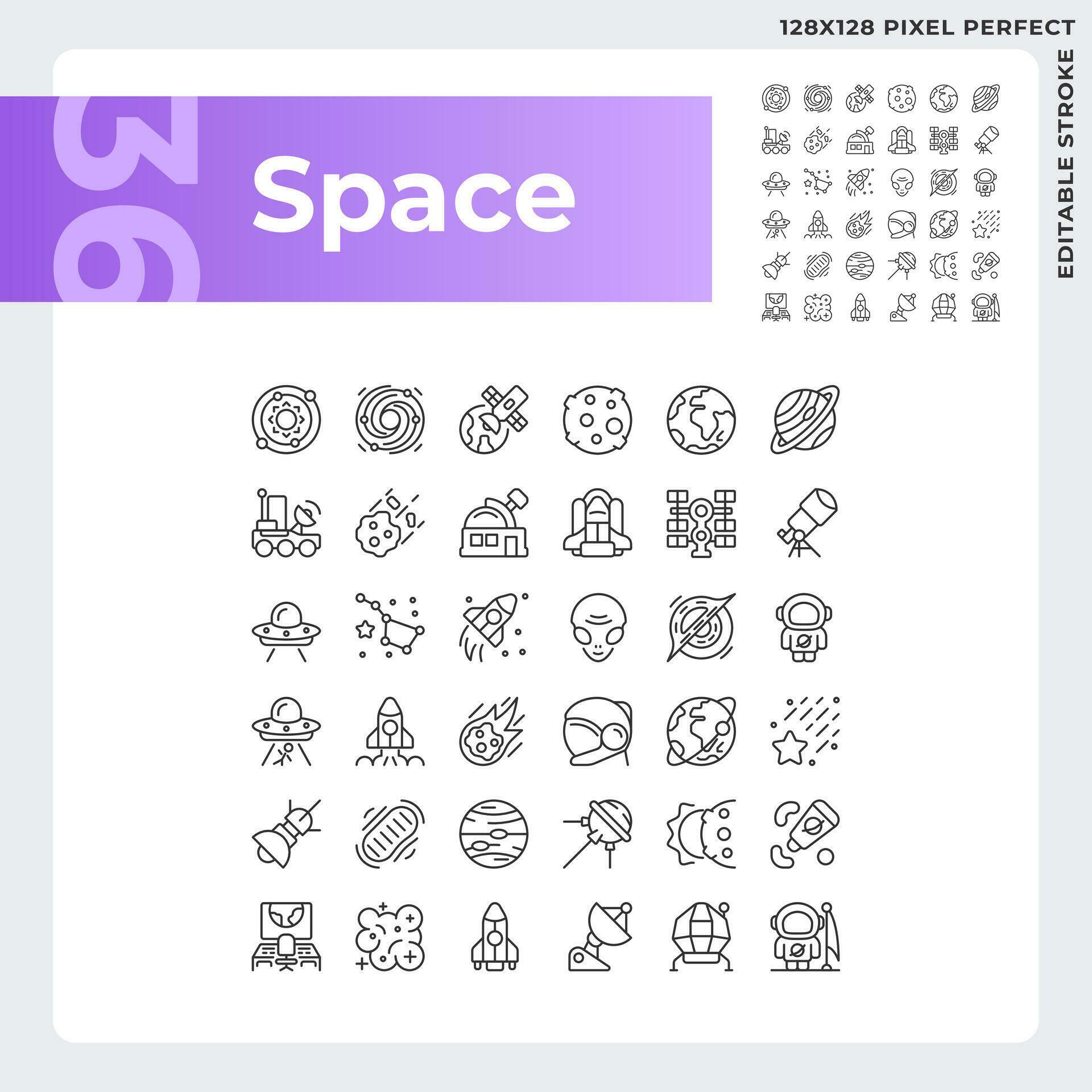Space pixel perfect linear icons set. Solar system. Astronomy science. Celestial bodies. Zero ...