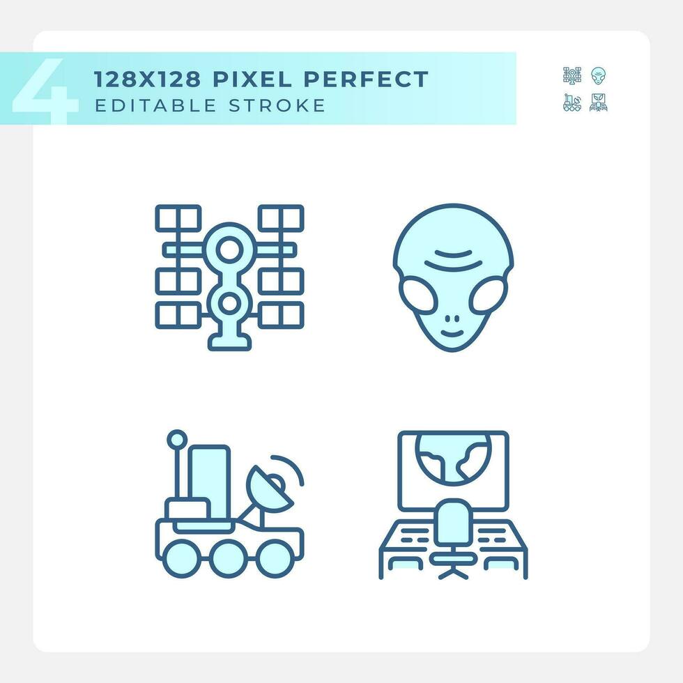 Sci fi pixel perfect light blue icons. Space mission. Cosmic galaxy ... Sci fi pixel perfect light blue icons. Space mission. Cosmic galaxy ...