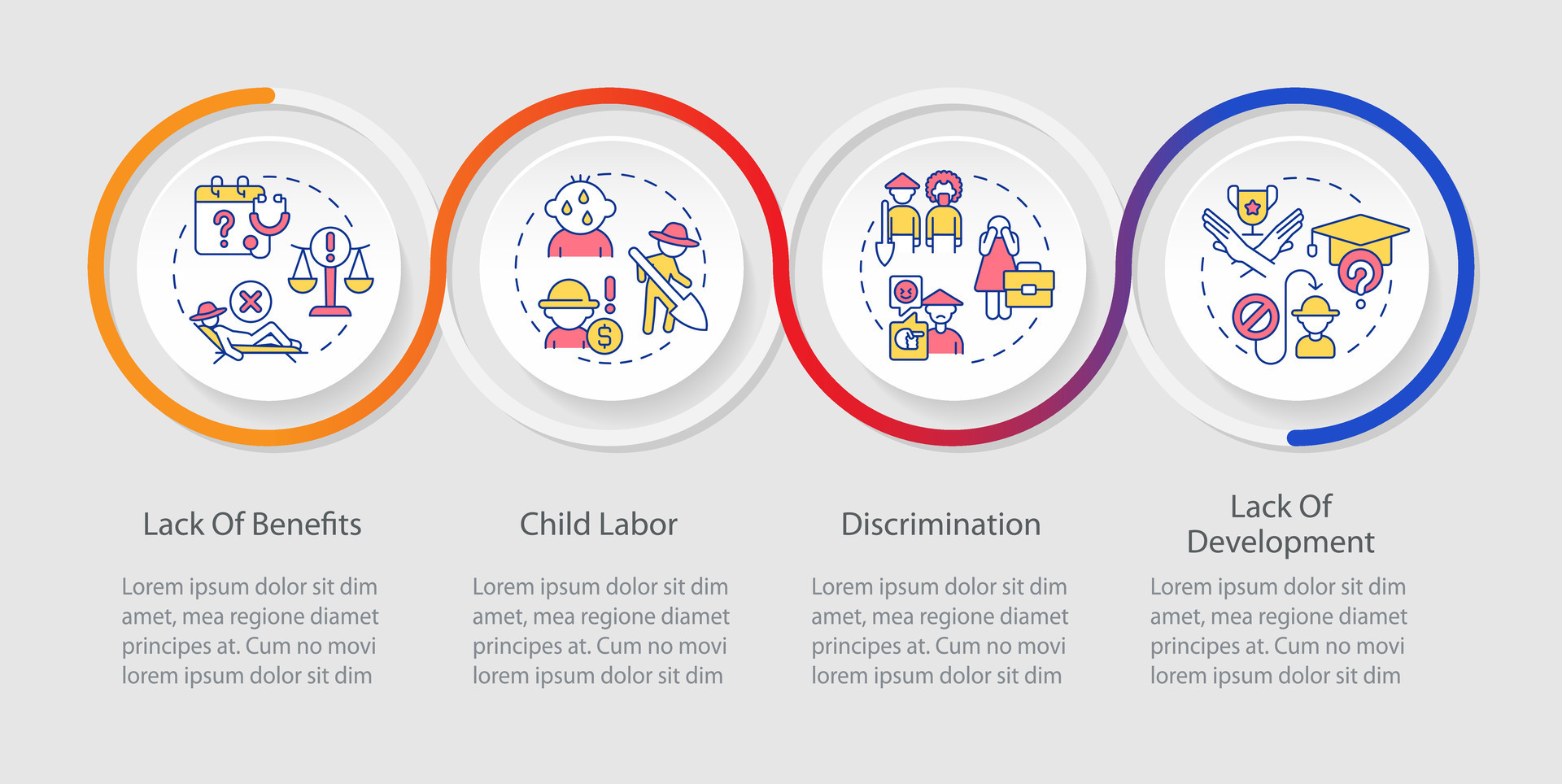 Labour problems in agriculture loop infographic template. Farm work. Data visualization with 4 ...