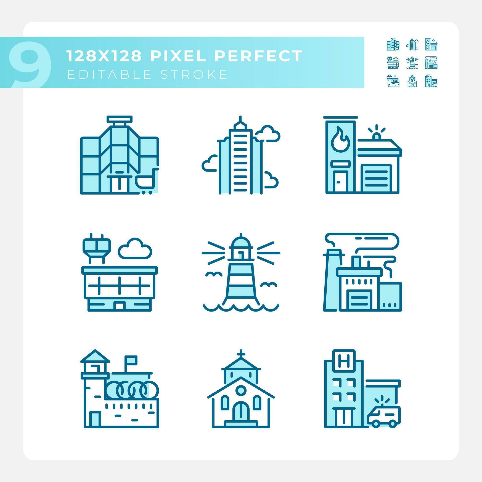 Pixel perfect blue icons representing various architecture, editable thin line illustration ...