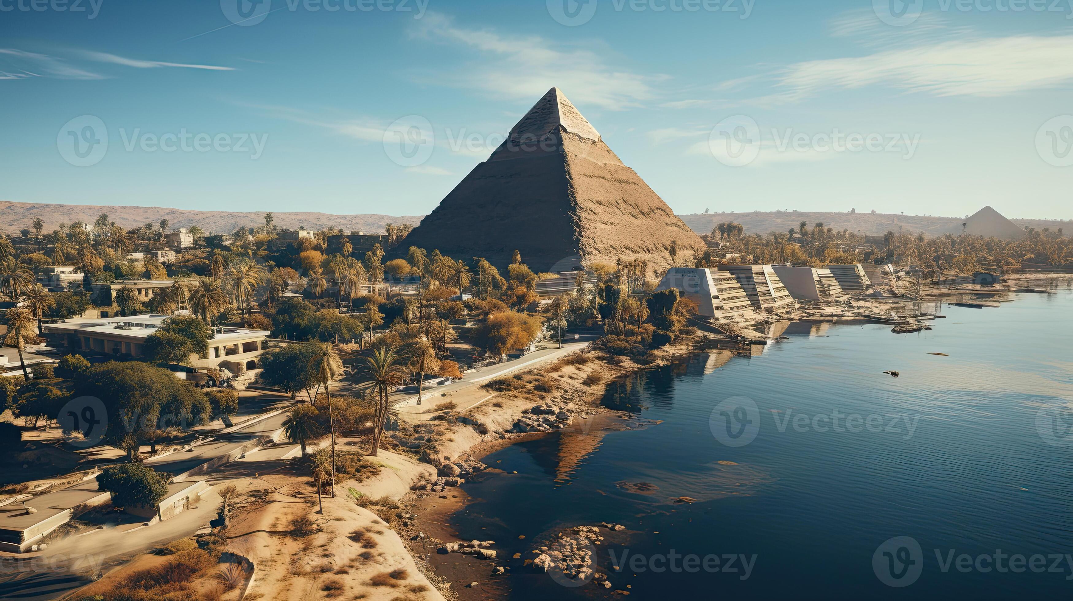Egyptian pyramids and city on the Nile river. Aerial view from above. 32060187 Stock Photo at ...