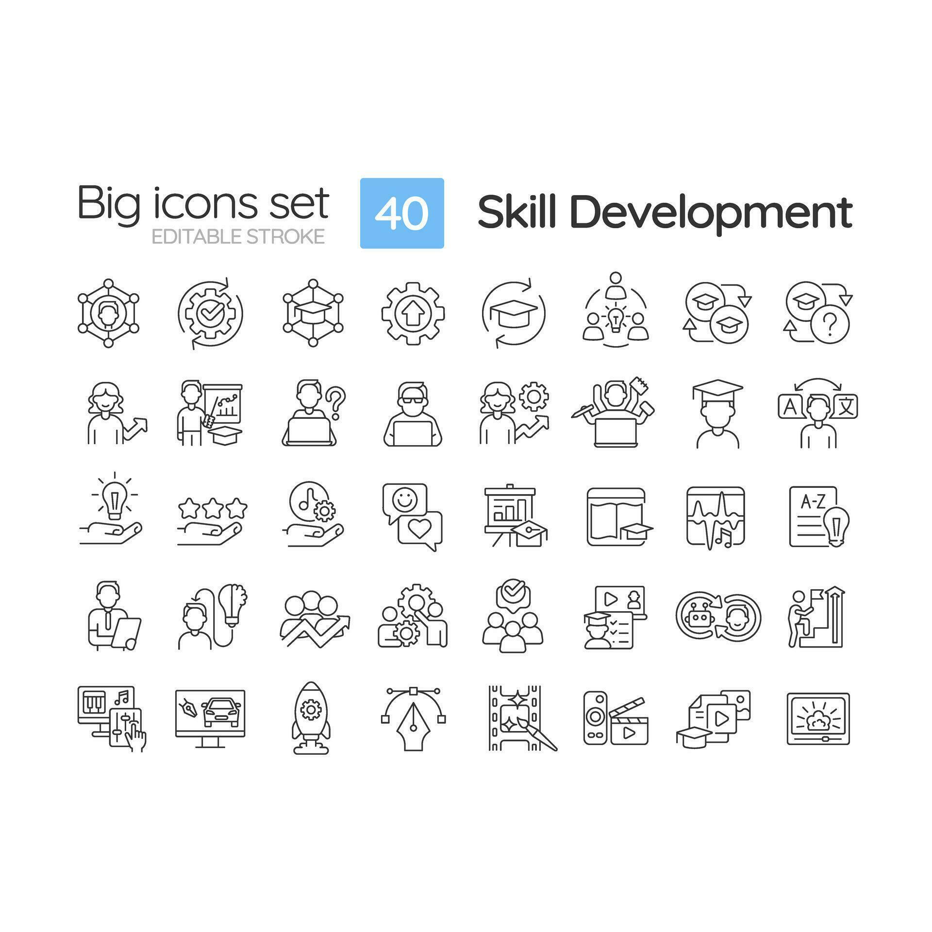 Skill development linear icons set. Professional growth. Training program. Invest in yourself ...
