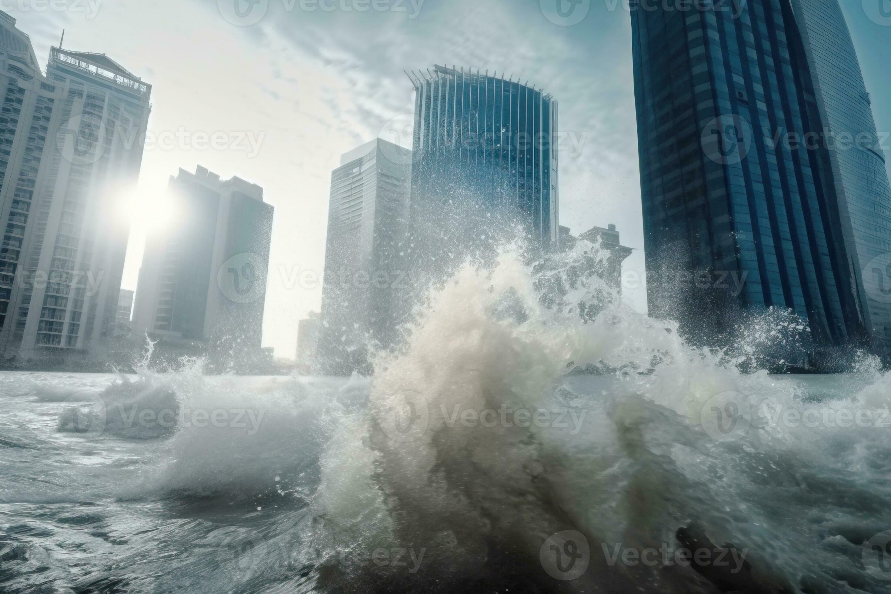 Destructive oceanic tsunami, high-rise buildings background. Natural ...