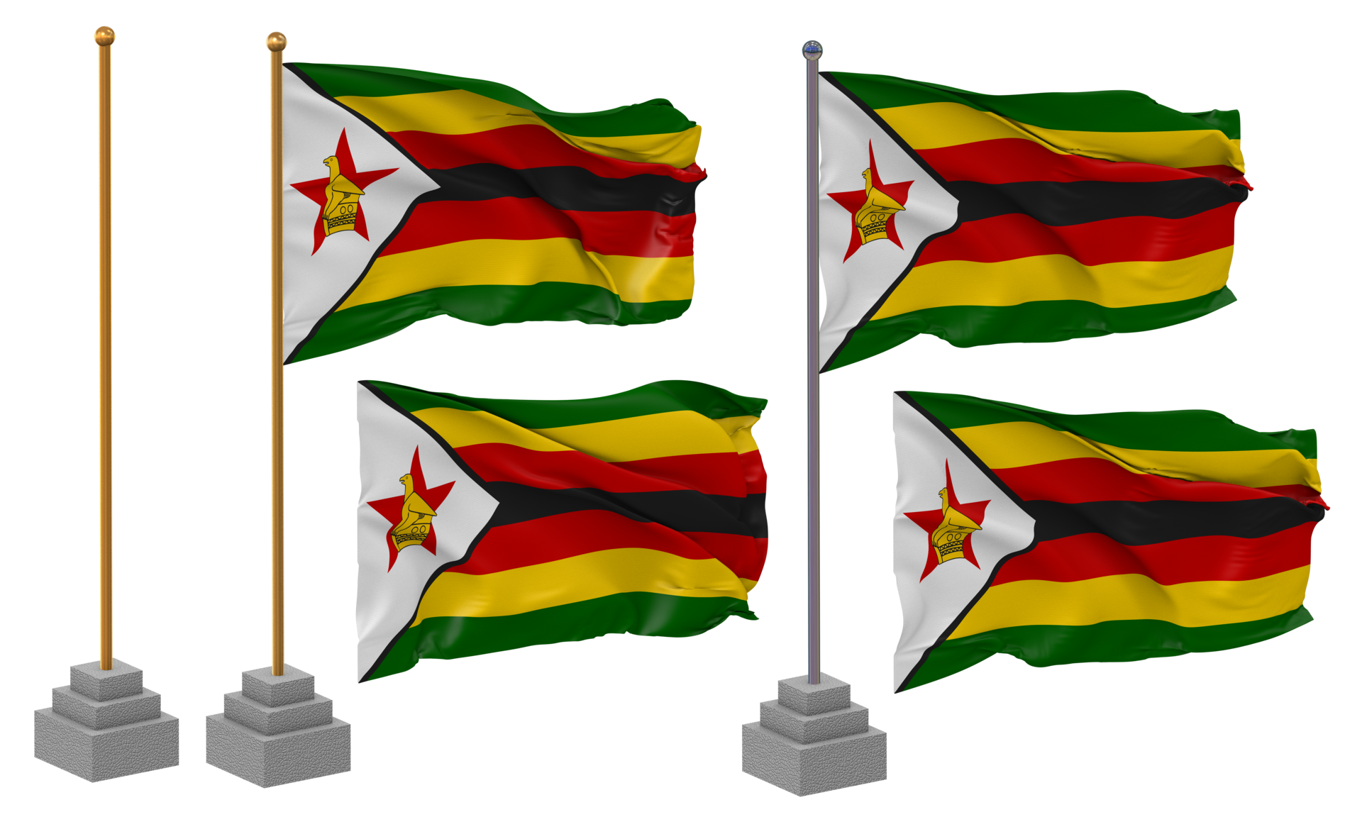 Zimbabwe Flag Waving Different Style With Stand Pole Isolated 3d