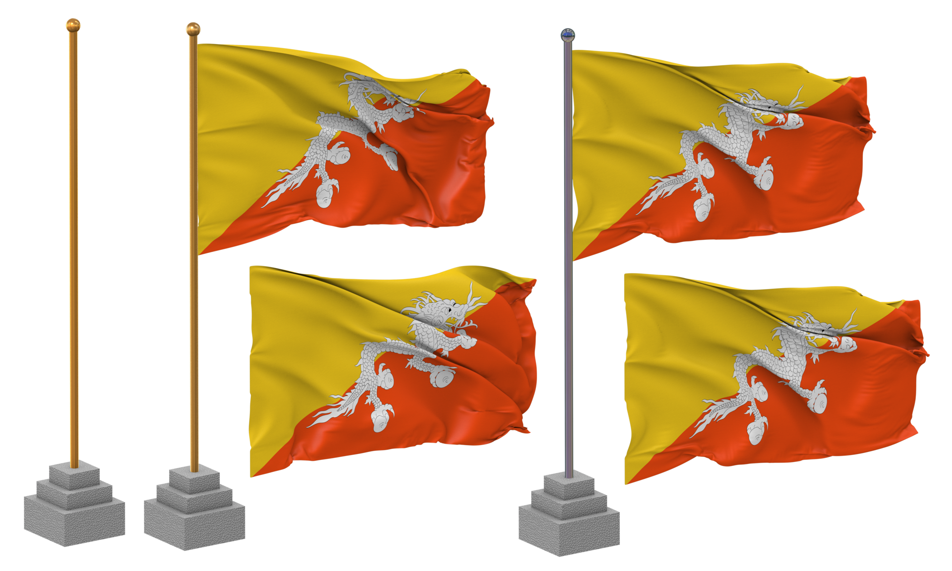 Bhutan Flag Waving Different Style With Stand Pole Isolated, 3D ...