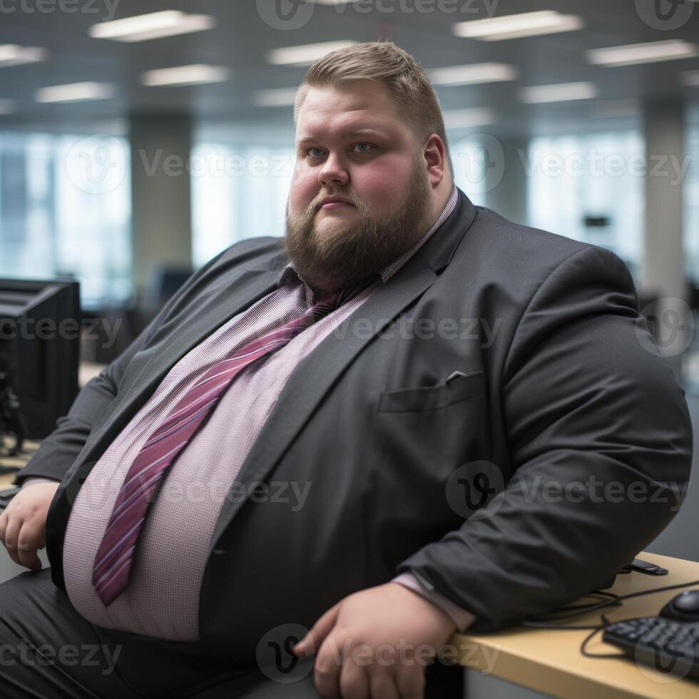 a fat man sitting at a desk generative ai 32090314 Stock Photo at Vecteezy