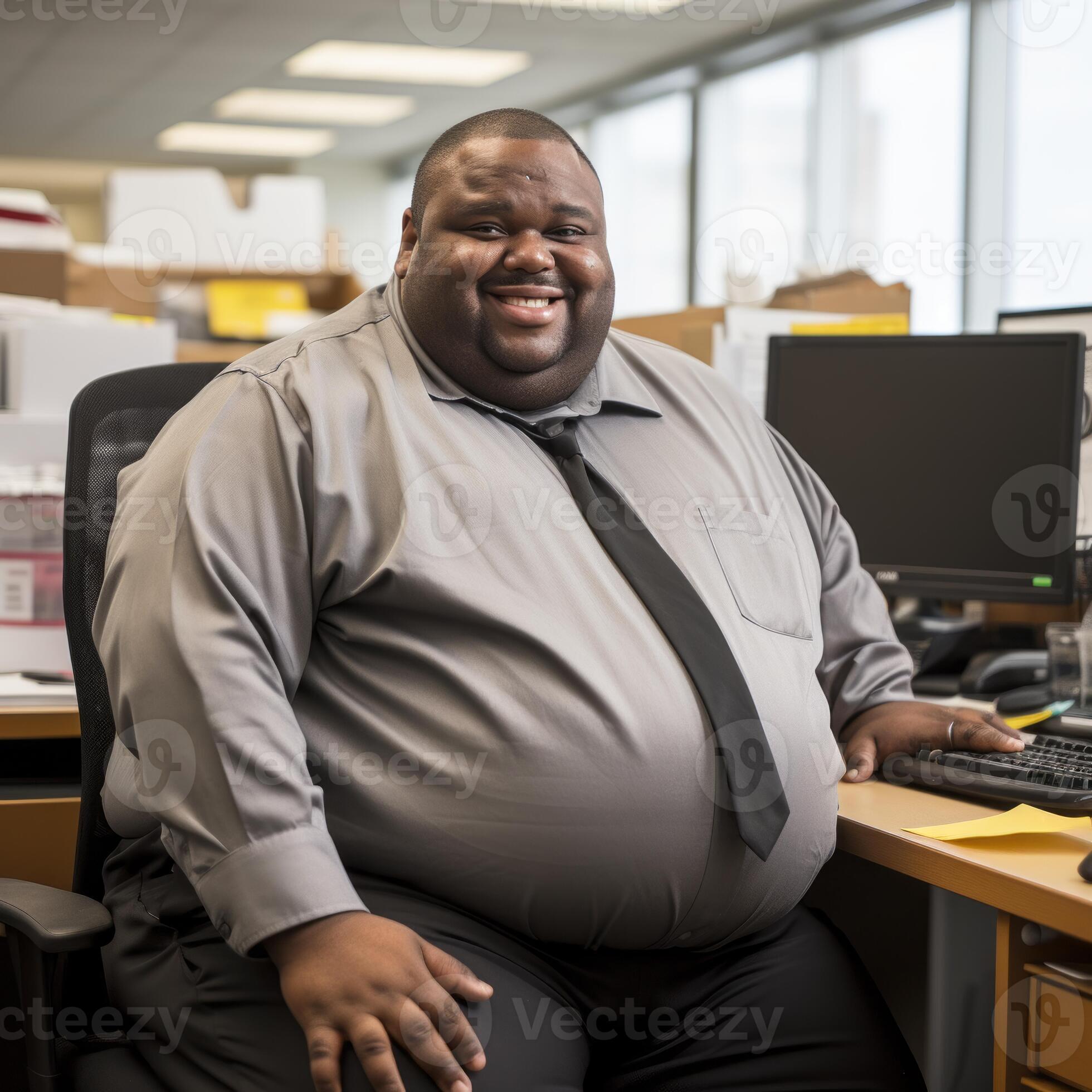 a fat man sitting at a desk generative ai 32090318 Stock Photo at Vecteezy