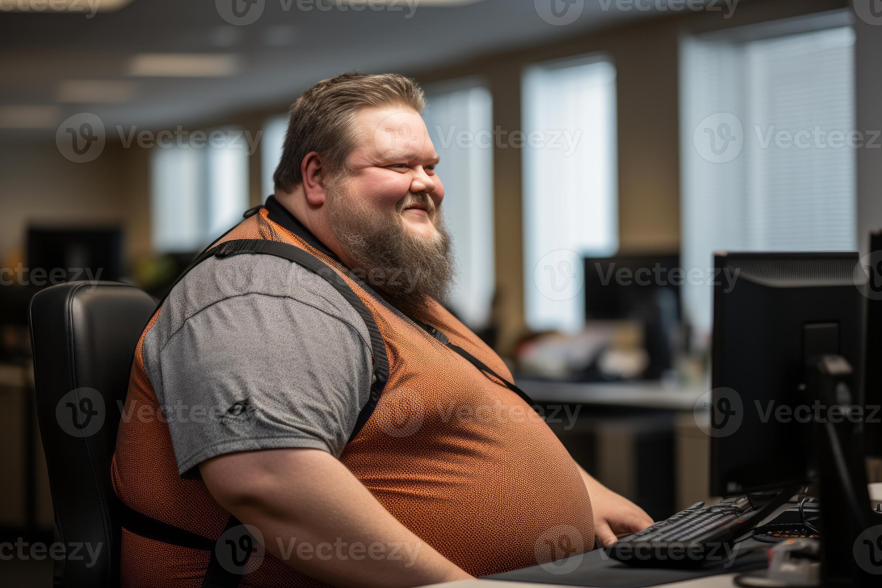 a fat man sitting in front of a computer generative ai 32090325 Stock ...