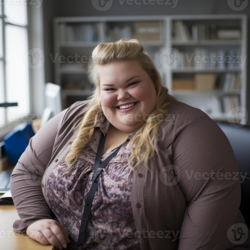a fat woman sitting at a desk in an office generative ai 32090331 Stock Photo at Vecteezy