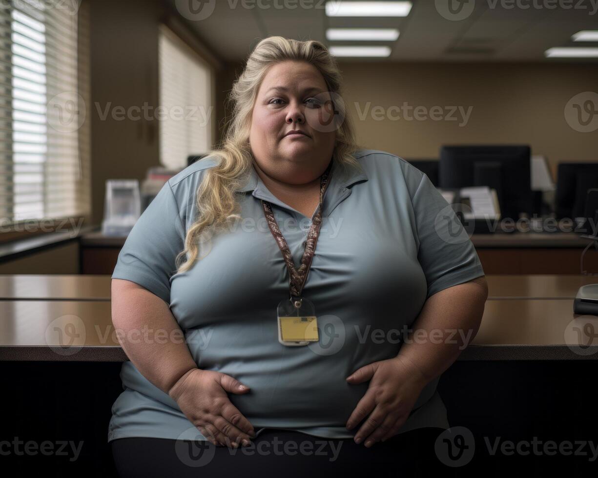 a fat woman sitting at a desk in an office generative ai 32090335 Stock Photo at Vecteezy
